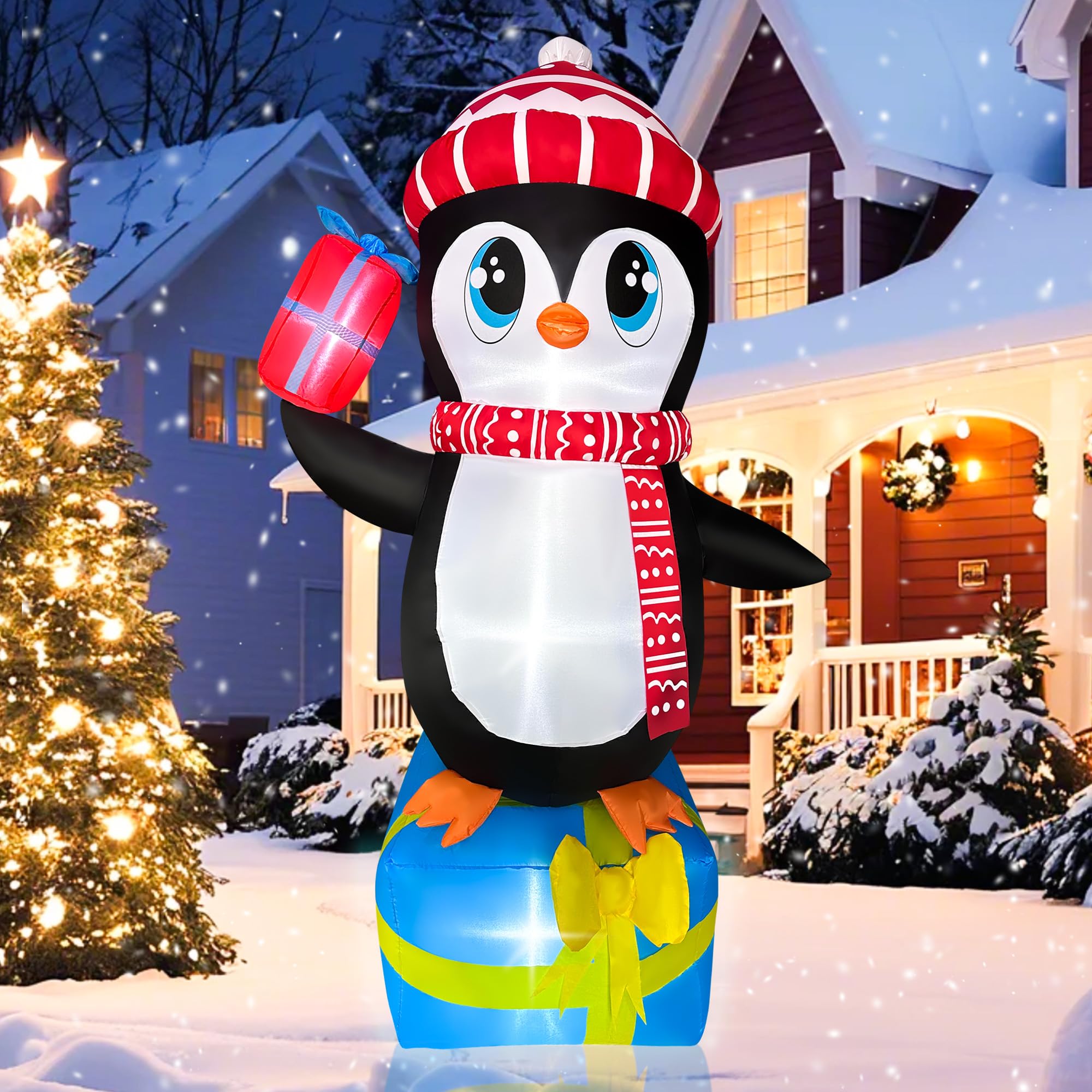 JOYEASE 5.5FT Christmas Inflatables Penguin Standing on Gift Box ...
