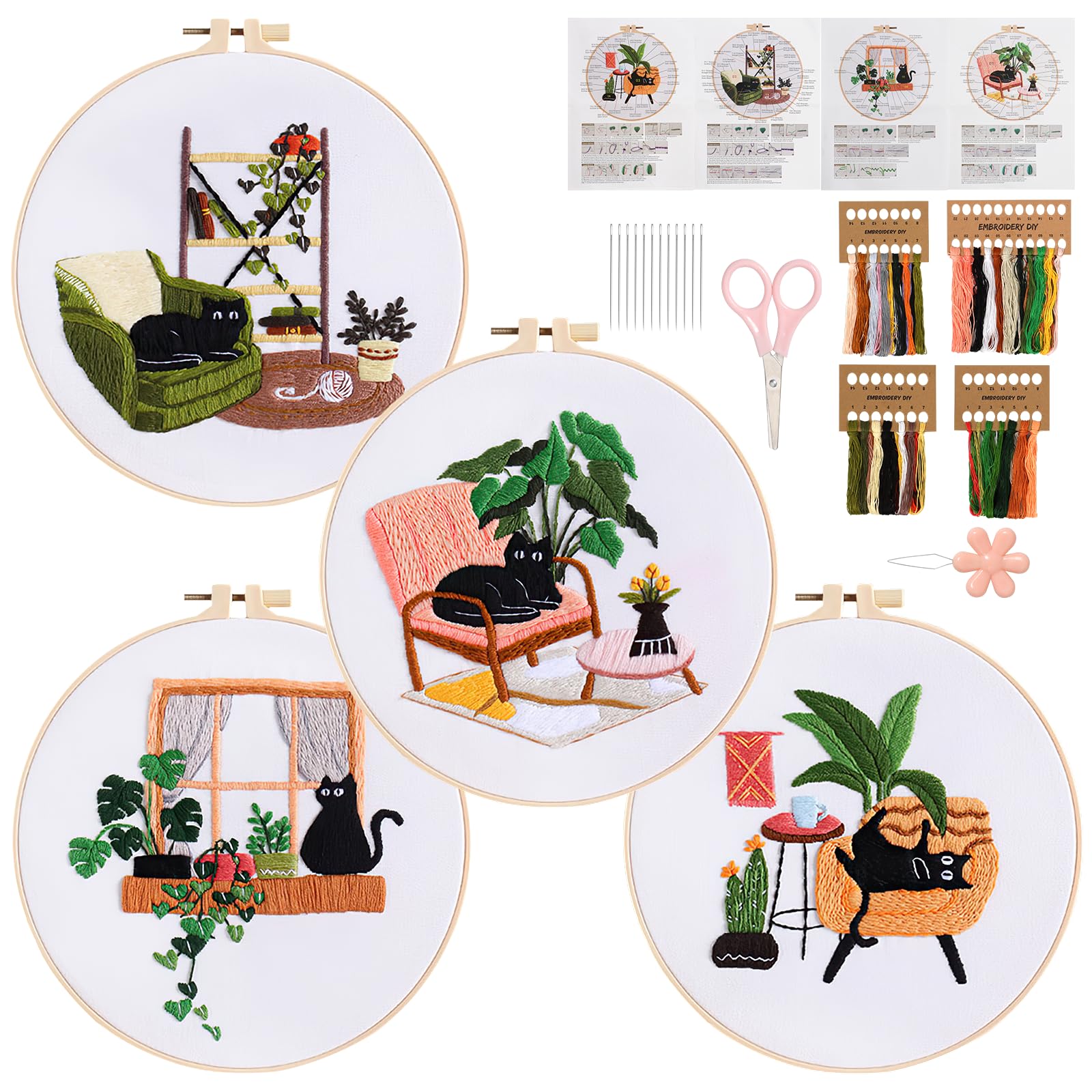 LOMOHOO 4 Sets Cat Embroidery Kit for Beginners, Embroidery Practice ...