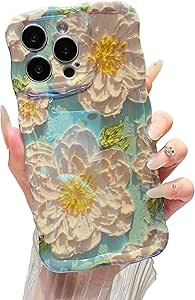 XIZYO Colorful Retro Oil Painting Flower Case for iPhone 13 Pro Max, Curly Wave Frame Laser ...