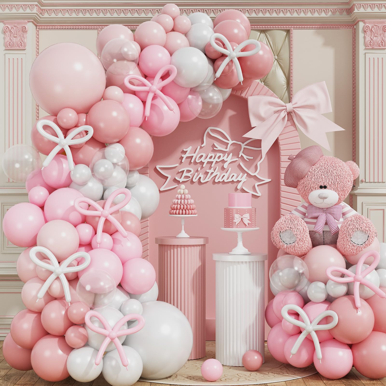 Snapklik.com : Bow Pink Balloon Arch Kit - Pearl & Clear Balloons