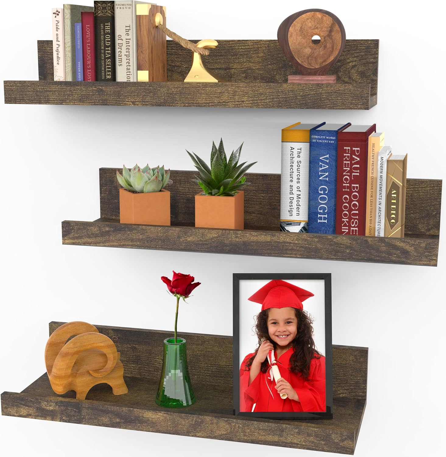16 Inch (40 Centimeters) Floating Shelves for Wall, Set of 3 in Walnut ...