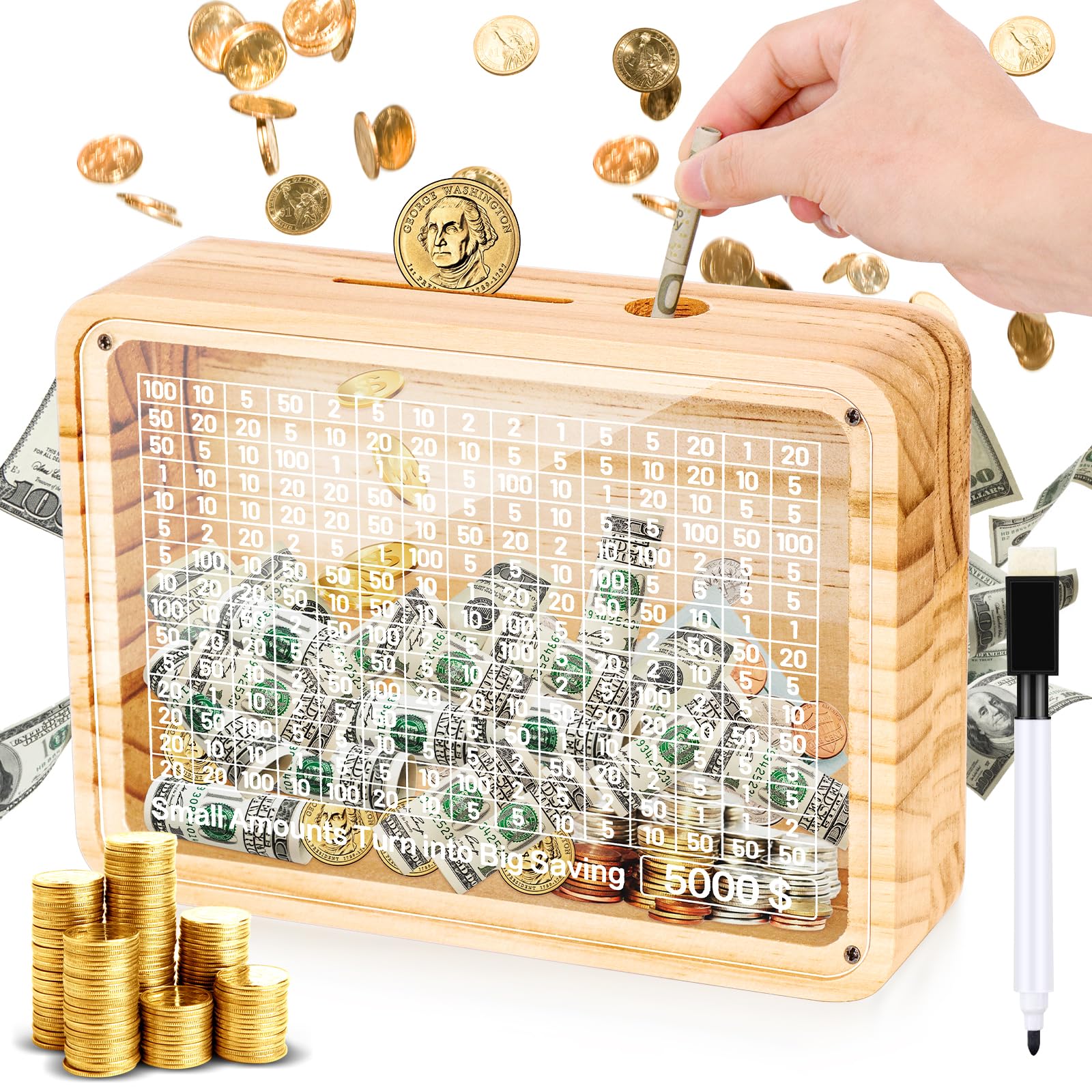 Amazon.com: Cash Vault Wooden Savings Box, 5000 Savings Challenge Box ...