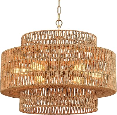 19" Rattan Farmhouse Chandelier Light Fixtures,4-Light Boho Rattan ...