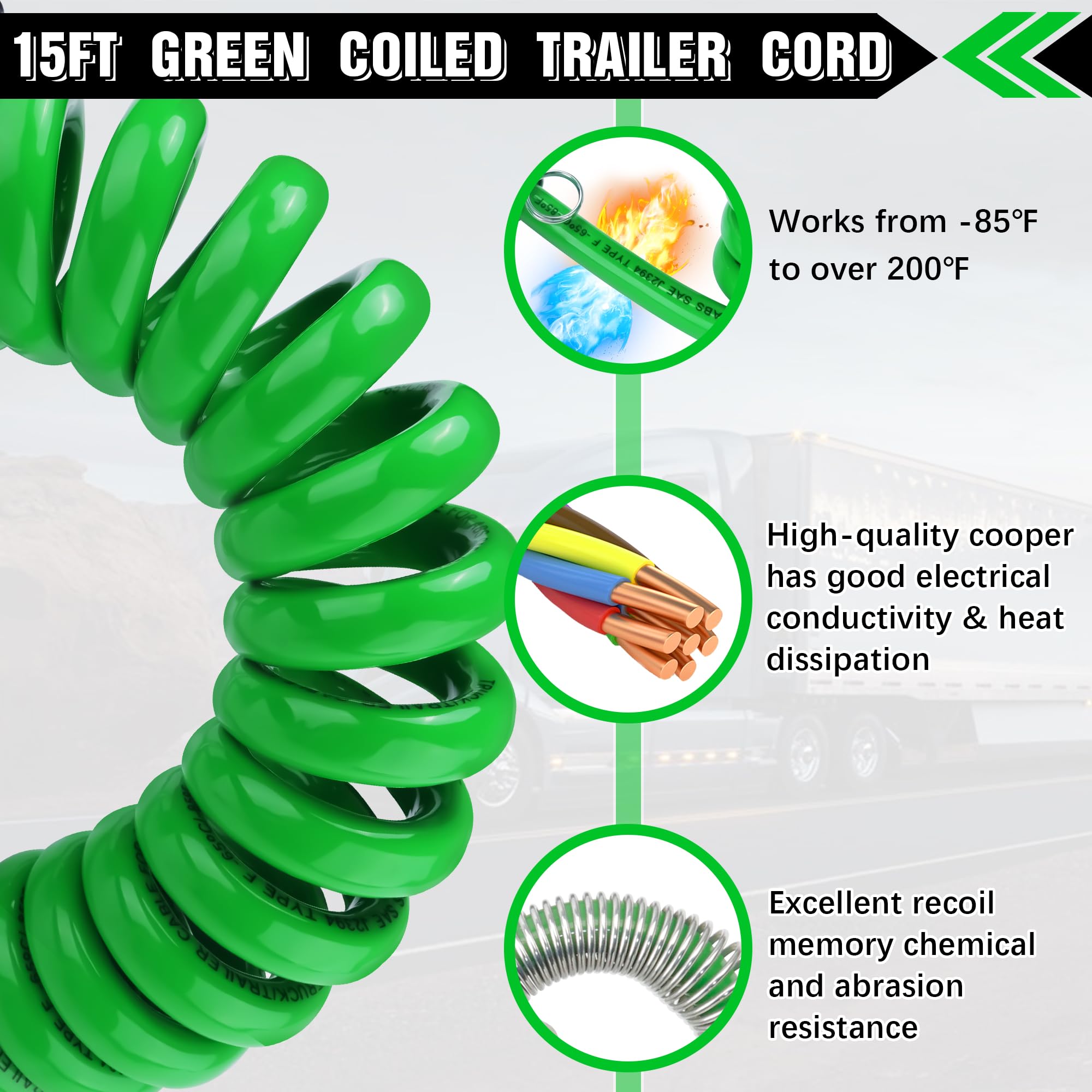 Snapklik.com : 7 Way Coiled Cord 15 FT Green ABS Electrical Power Cords ...