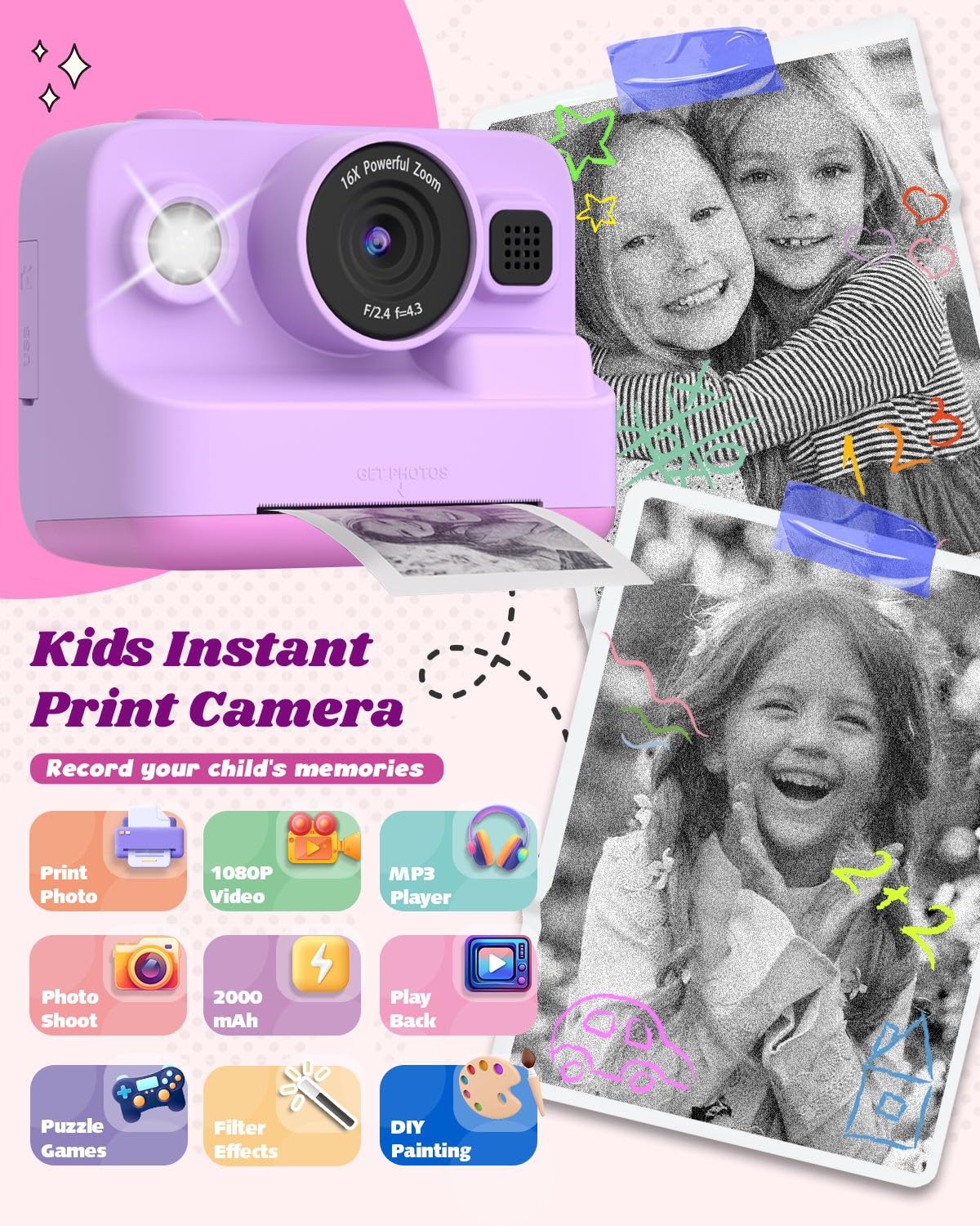 Snapklik.com : Pussan Kids Instant Print Camera, 2.4 Inch Screen Camera ...