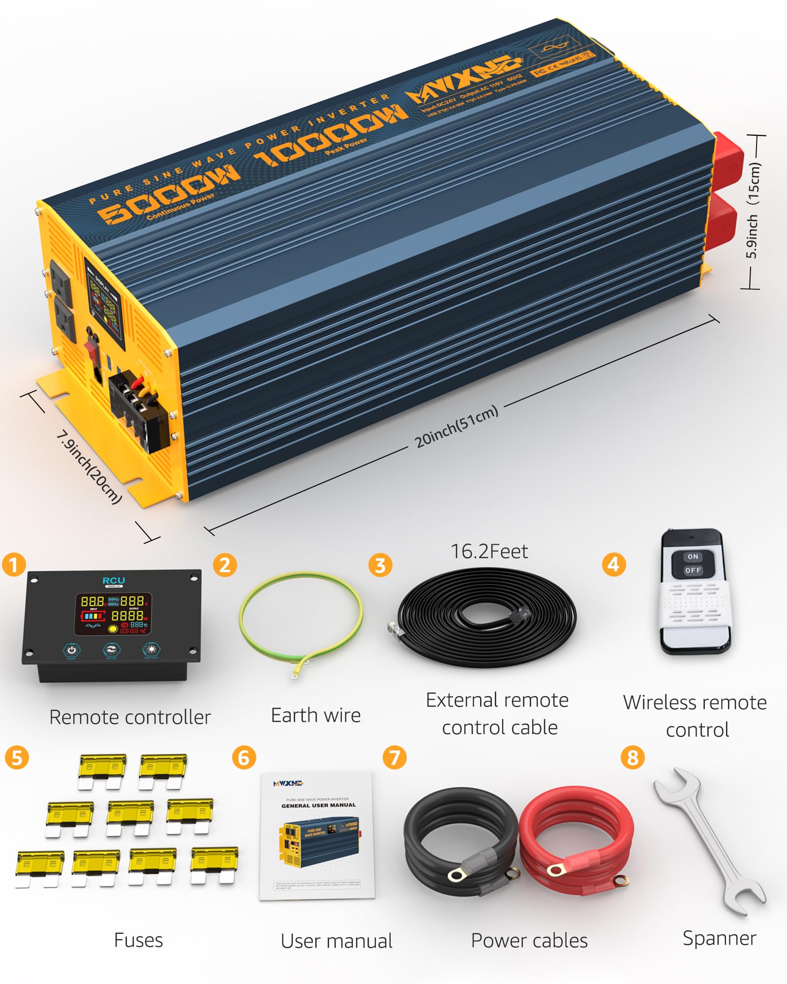 5000 Watt Power Inverter Pure Sine Wave 24V DC to 110V 120V 10000W Peak ...