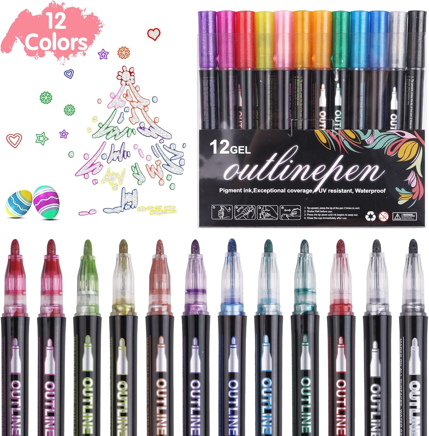 Amazon.com: STEFORD 12 Colors Shimmer Markers Outline Double Line ...