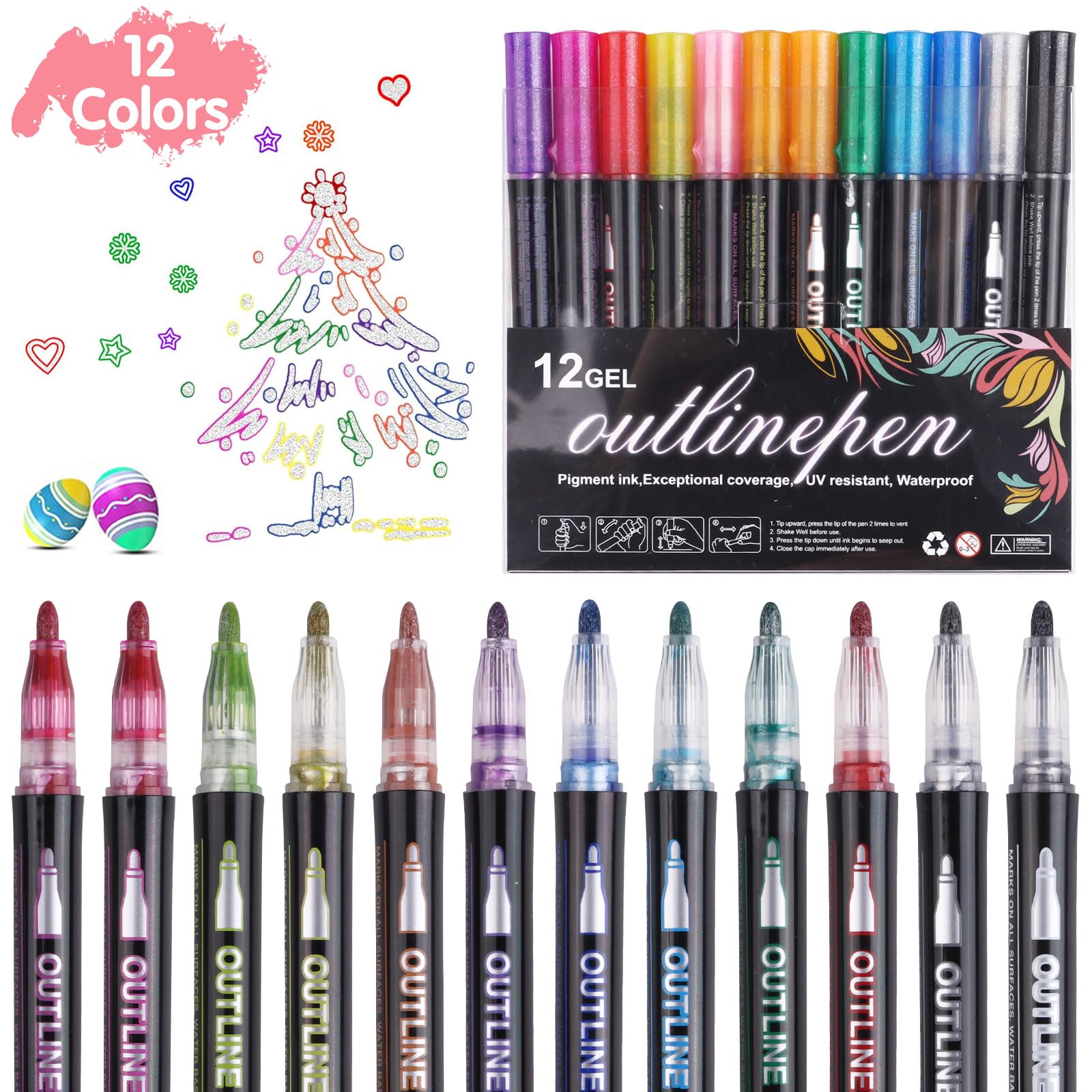 Amazon.com: STEFORD 12 Colors Shimmer Markers Outline Double Line ...