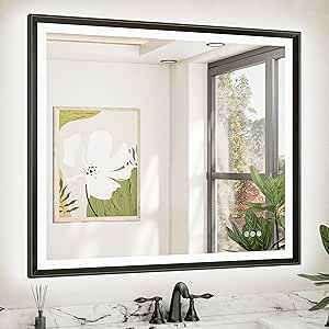Amazon.com: TETOTE Black LED Bathroom Mirror with Lights 42x36 Front ...