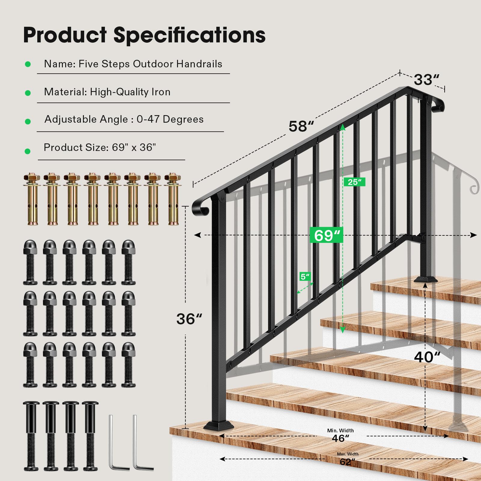 Snapklik.com : VIVOSUN Outdoor Handrail, 5-6 Step Stair Handrail, 69 X ...
