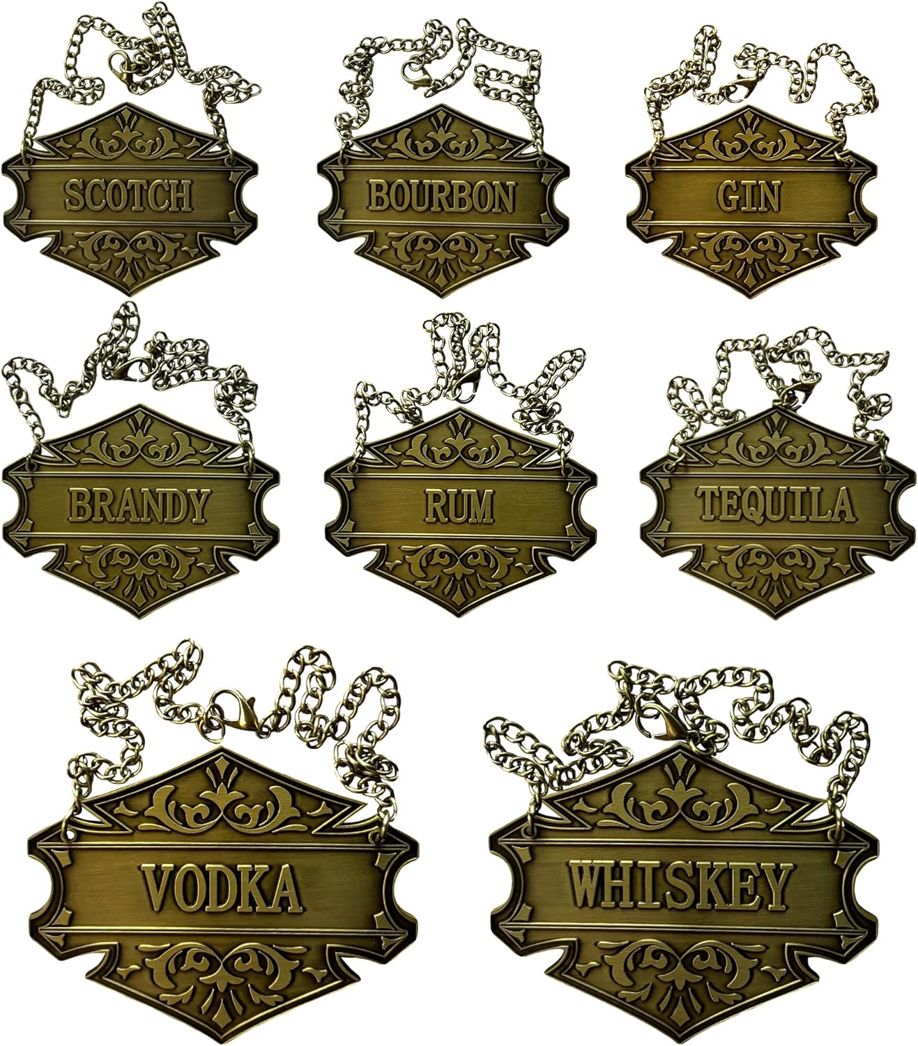 Vintage-Style Brass Liquor Decanter Tags, Set of 8, Chain-Mounted ...