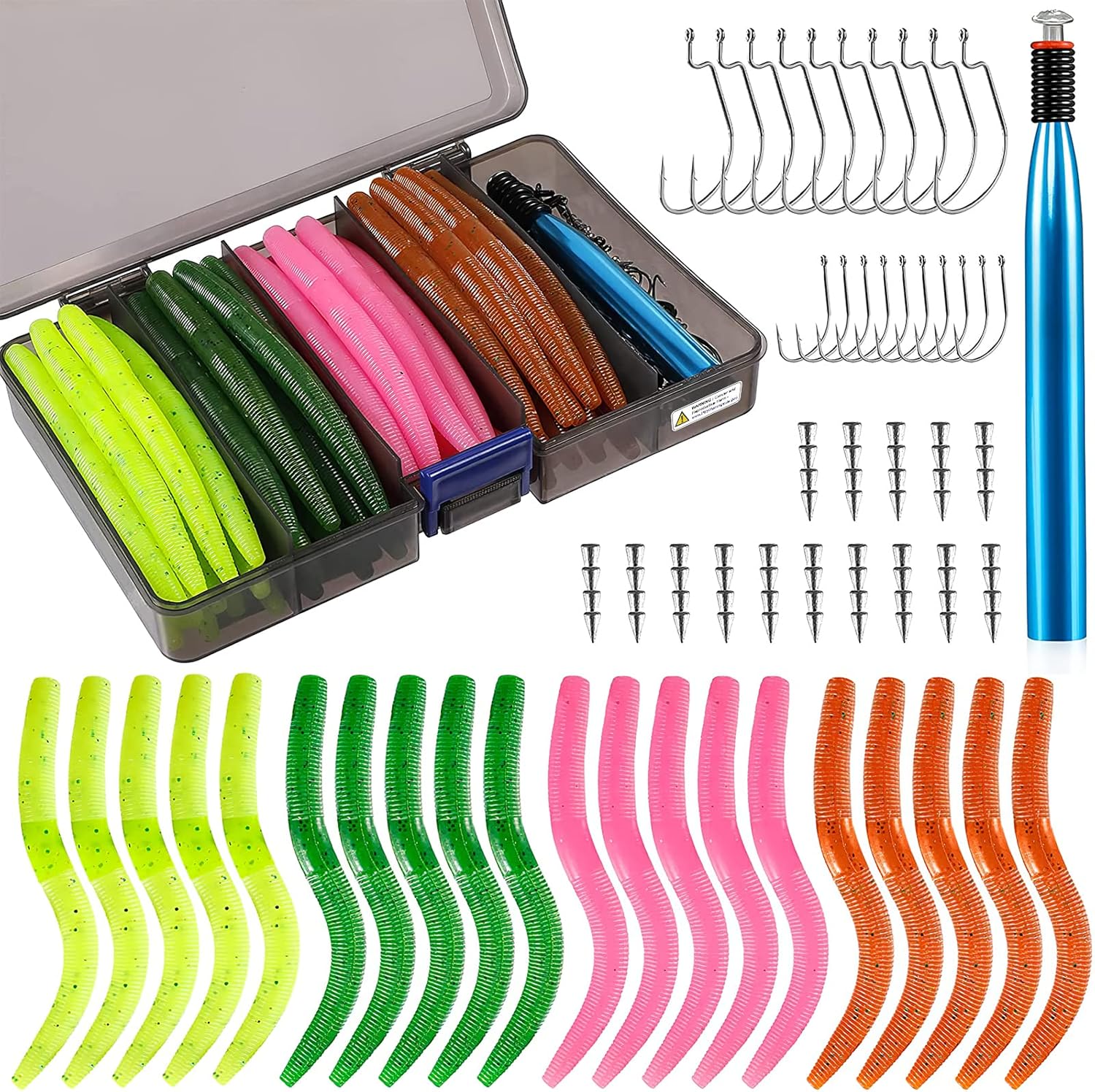 Amazon.com : PLUSINNO 4" Wacky Worm Fishing Lure Kit, Soft Plastic ...