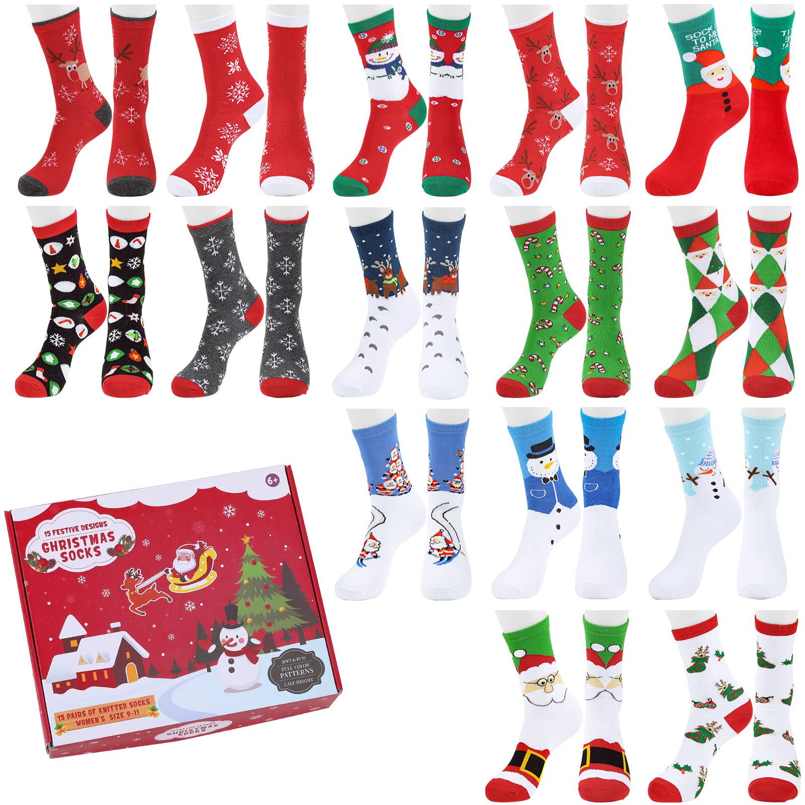 Twister.CK 15 Pairs Crew Christmas Holiday Socks?Cozy Funny Cotton Knit ...