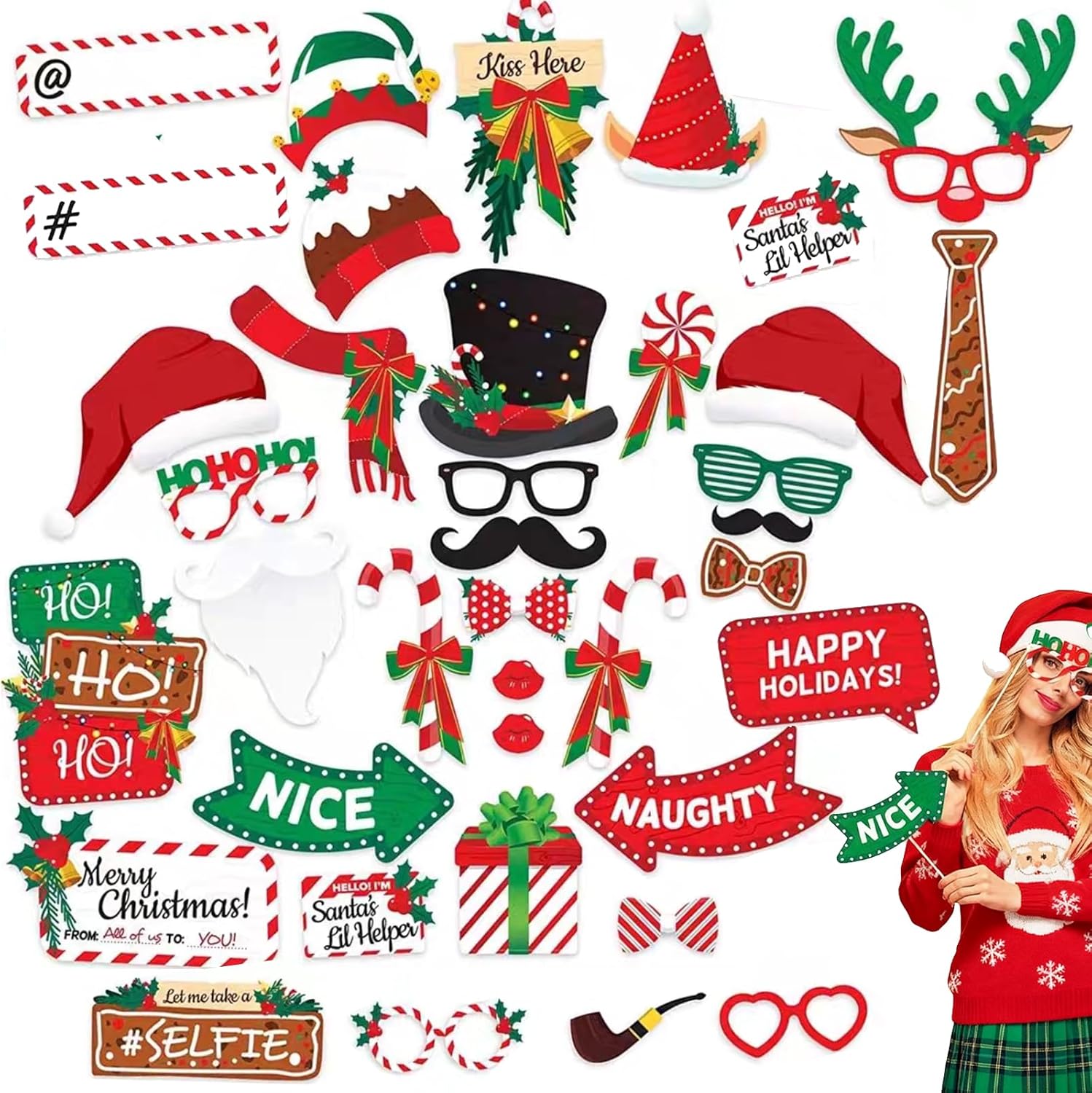 Vyqrx 38PCS Christmas Photo Booth Props Kit, DIY Photo Booth Props with ...
