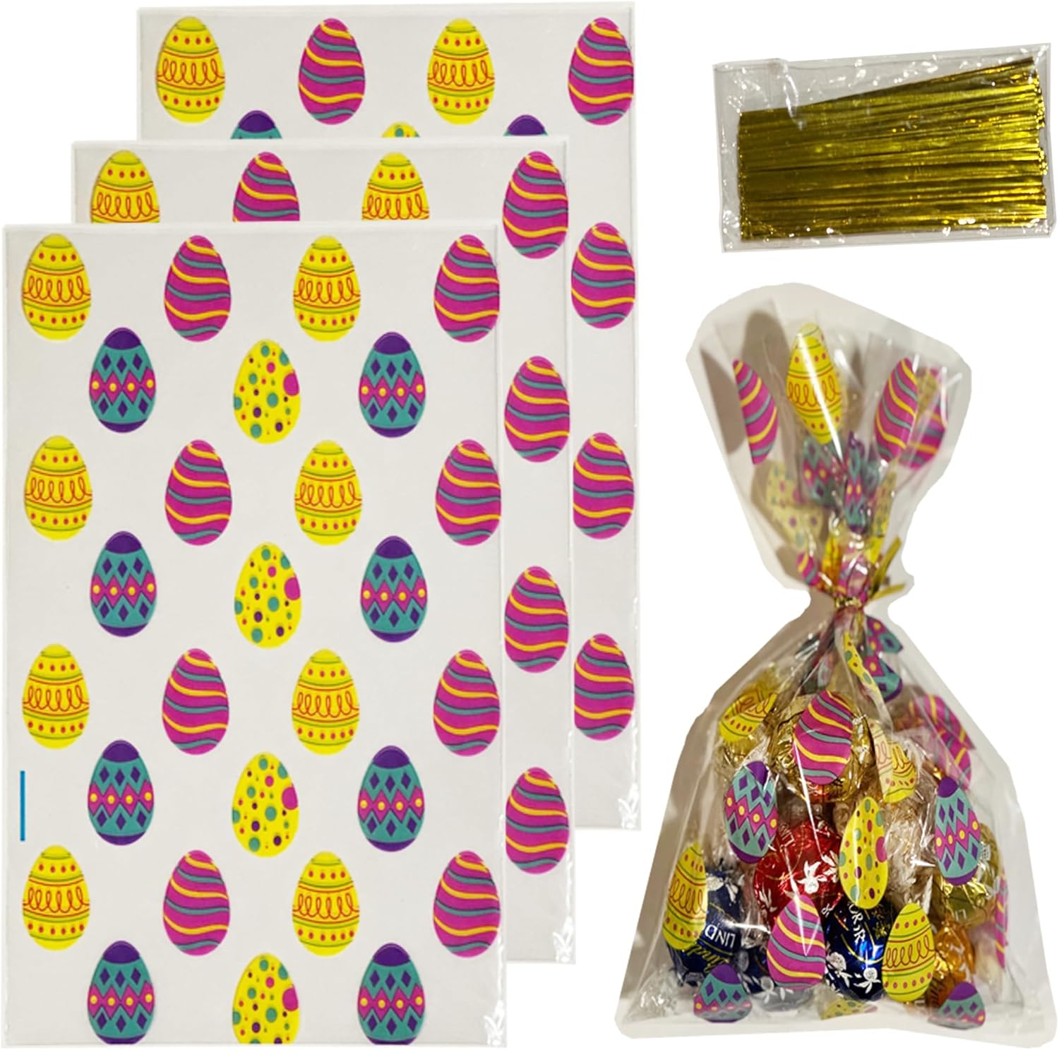 Amazon.com: BASHOUT 100 Easter Cellophane Treat Bags, Colorful Egg ...