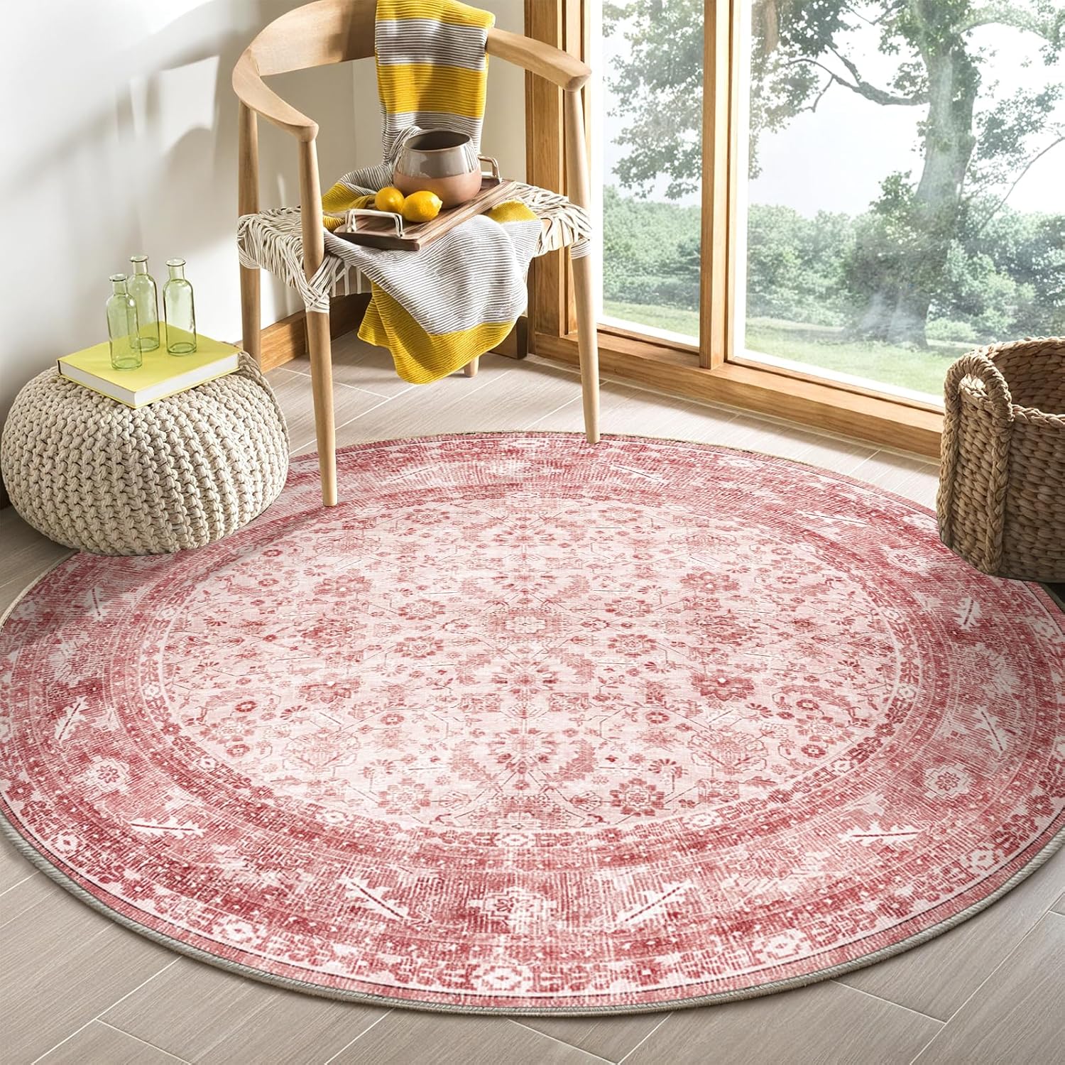 Amazon.com: OPPODREAM Vintage Pink Round Rug 4ft, 4 ft Retro Washable ...