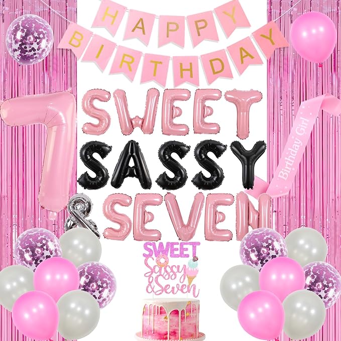 Amazon.com: JOYMEMO Sweet Sassy Seven Birthday Decorations - Pink Sweet ...