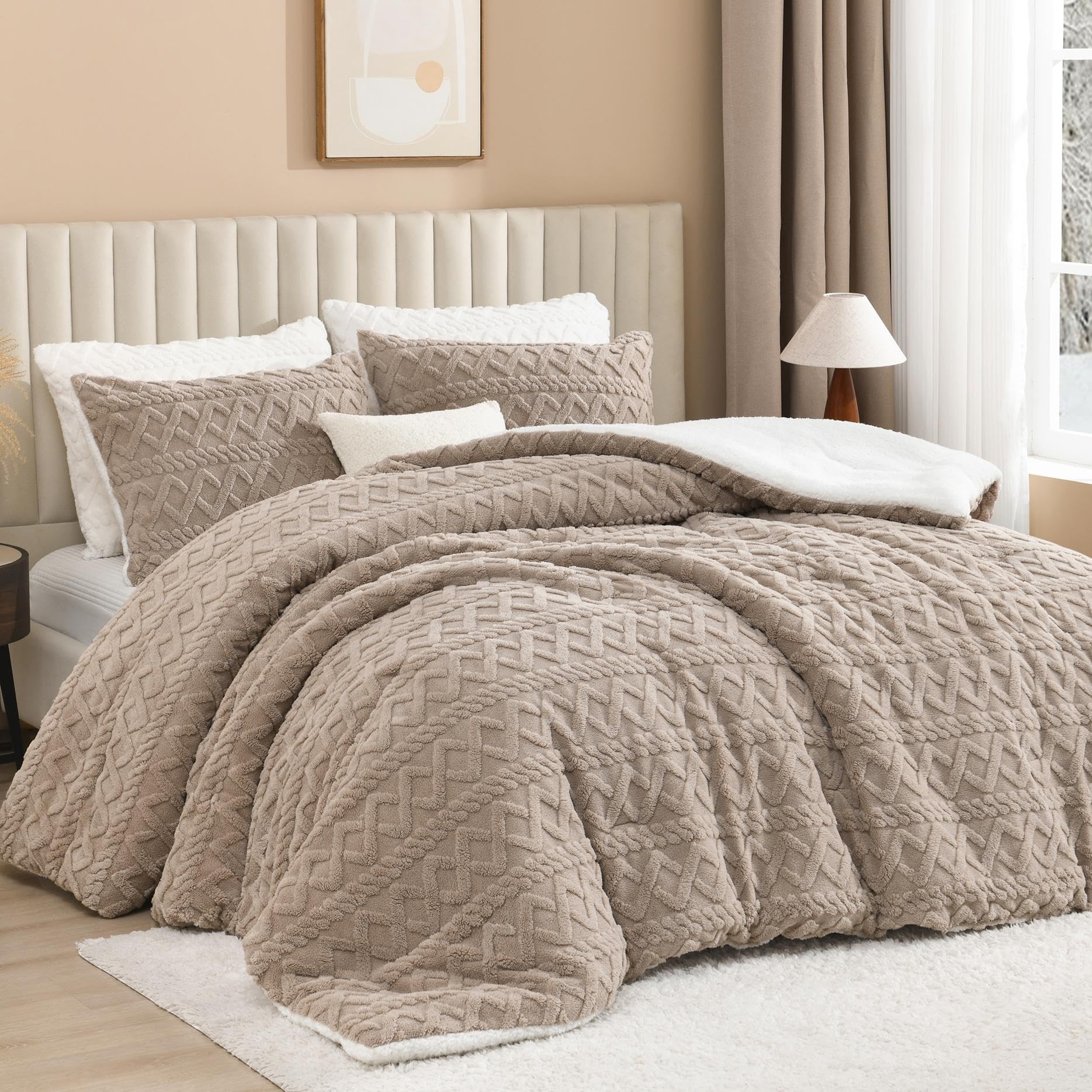 Amazon.com: Andency Fluffy Sherpa Full Comforter Set, Super Soft Khaki ...
