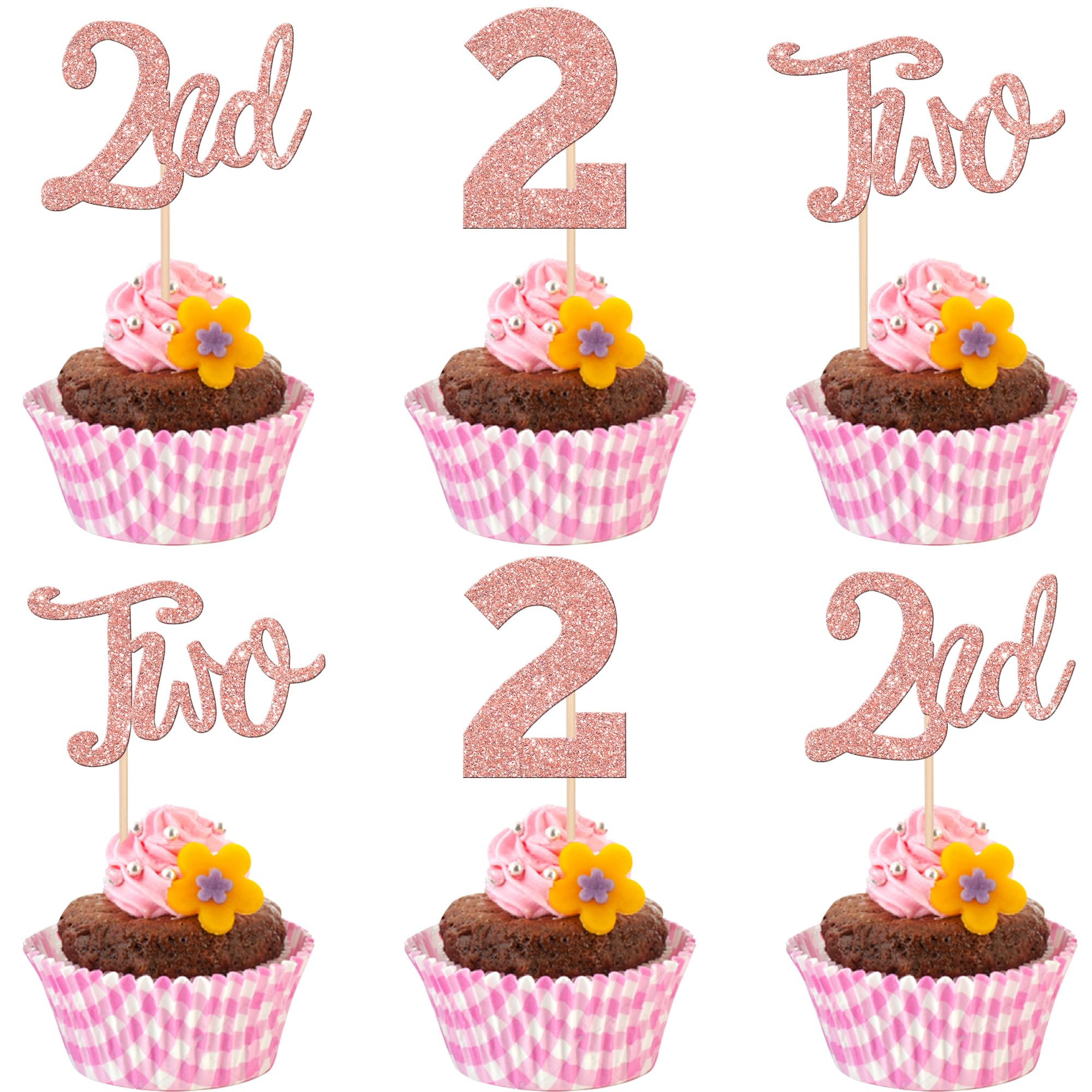 Amazon.com: 24 PCS 2nd Birthday Cupcake Toppers Glitter Two Cupcake ...