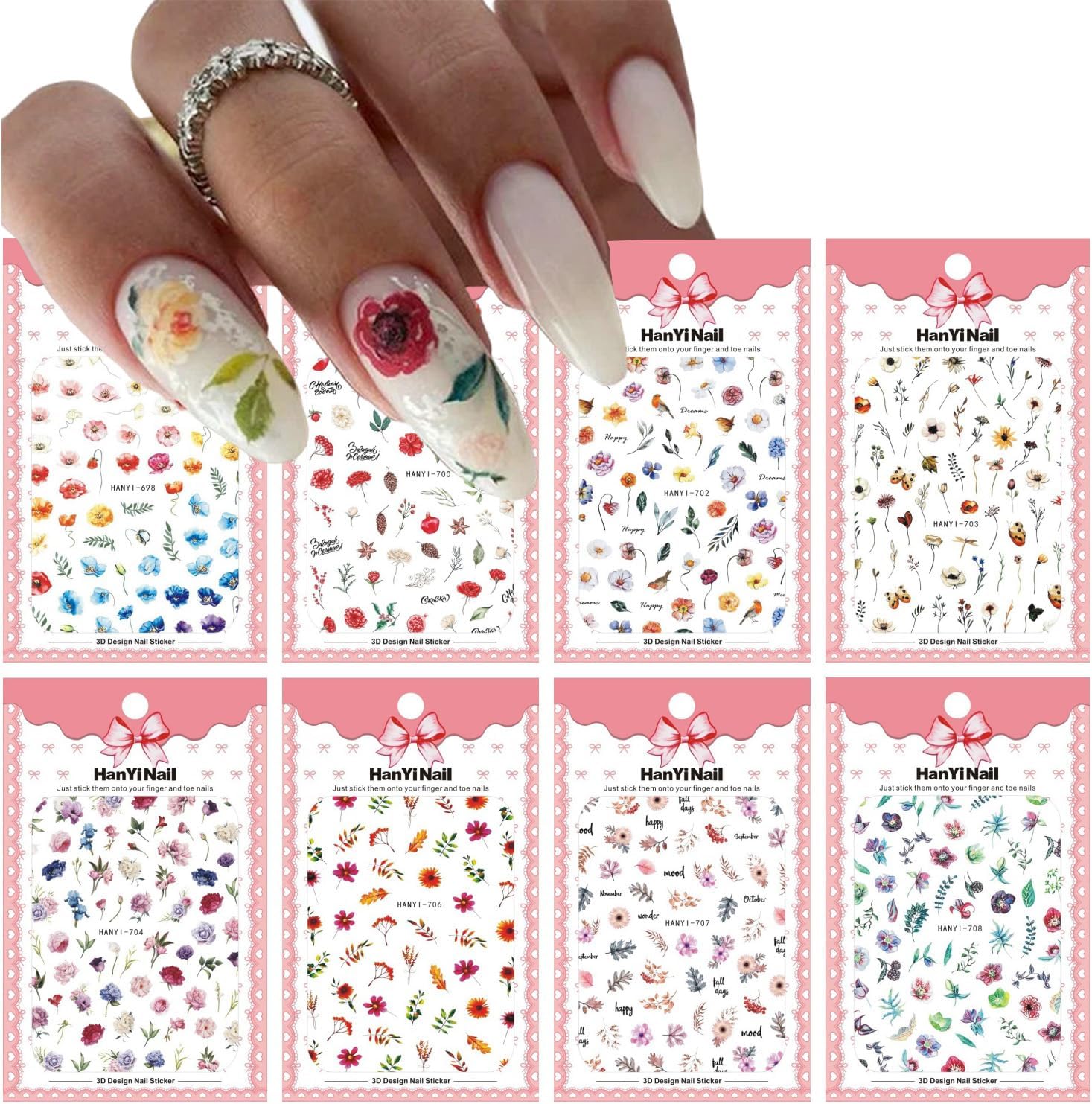 Amazon.com: 8 Sheets 3D Spring Flower Nail Stickers Floral Fingernail ...