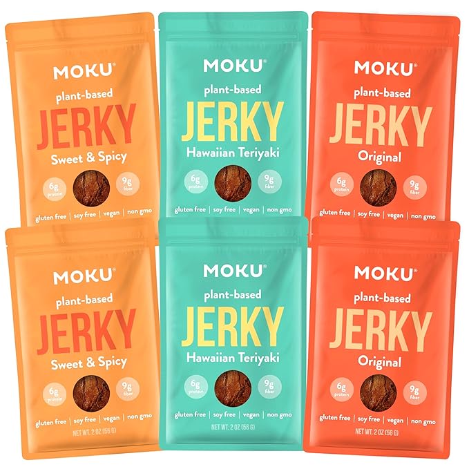 Amazon.com: Moku Plant-Based Mushroom Jerky, Hawaiian Teriyaki, Sweet and Spicy, Original (6 ...