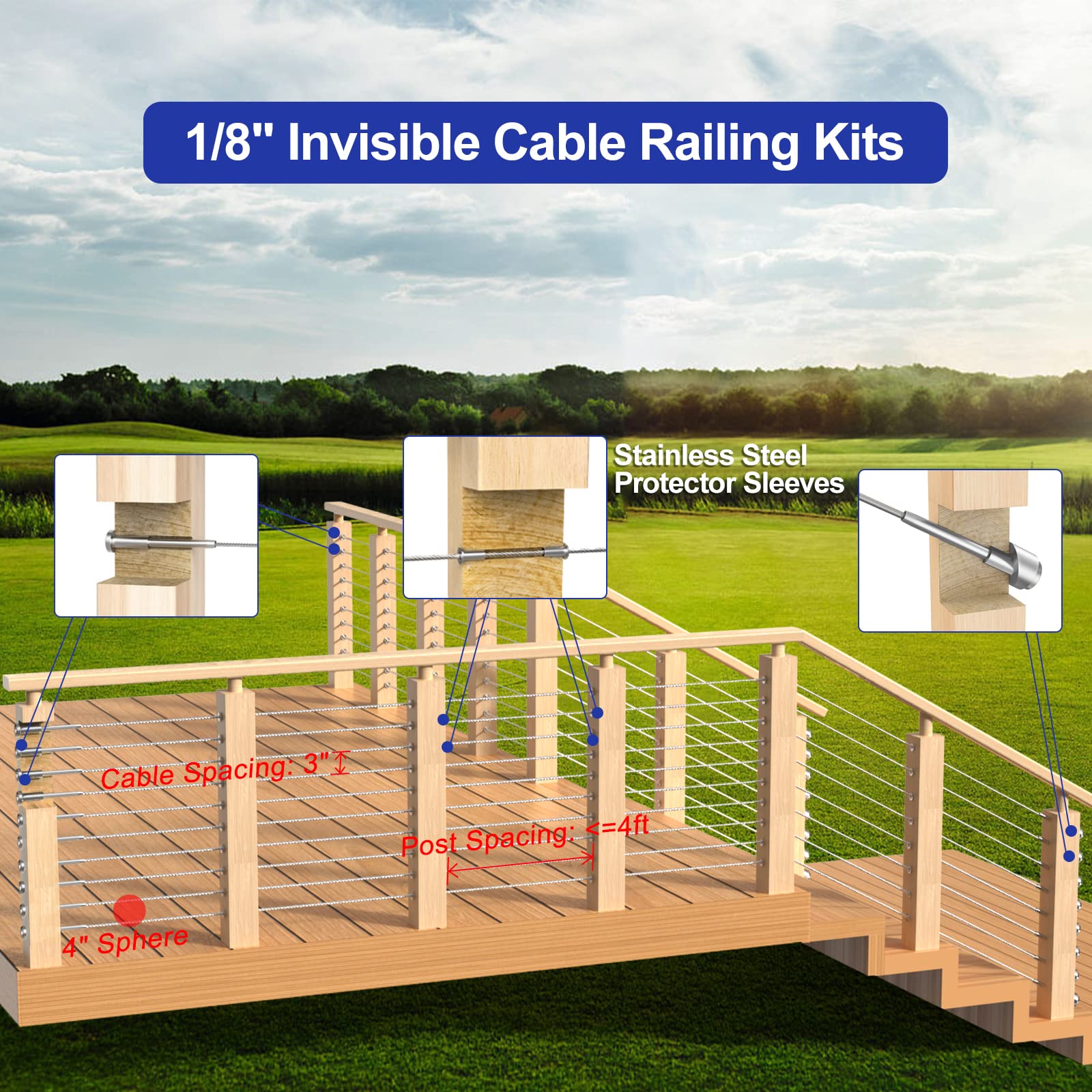 Snapklik.com : BLIKA 10 Pairs 1/8" Invisible Cable Railing Kits For 2"x2"