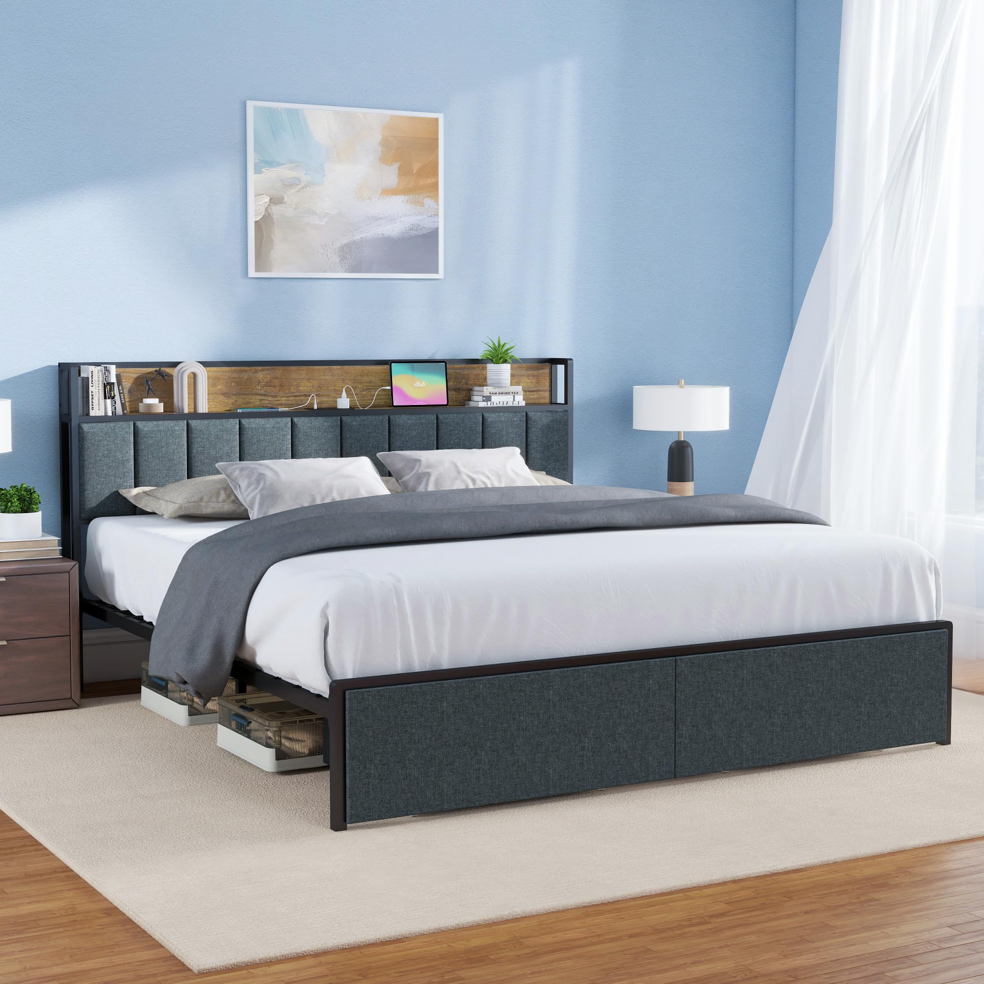 Amazon.com: FLEXISPOT King Storage Headboard Bed Frame with Built-in ...