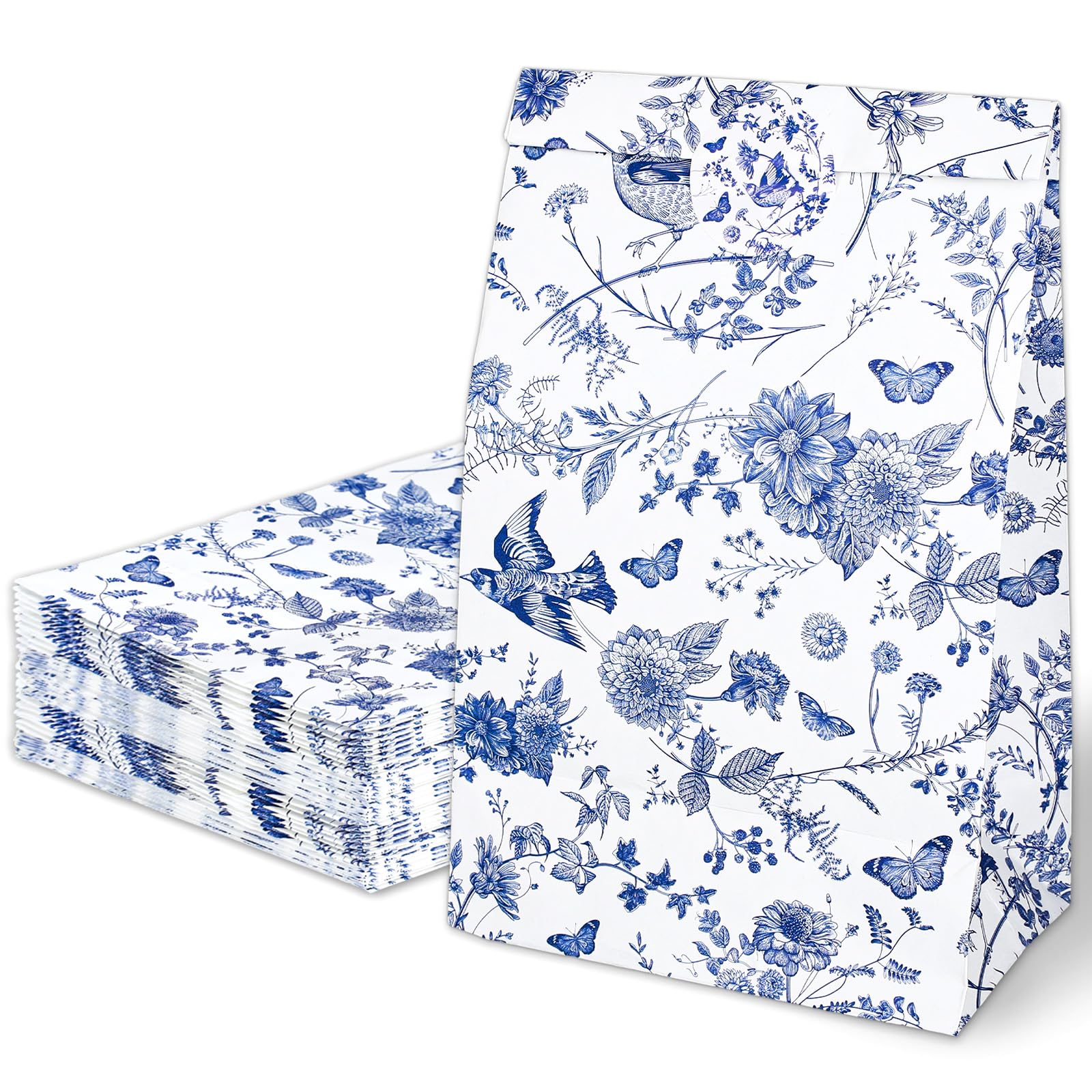 Amazon.com: Whaline 24Pcs Blue White Floral Paper Gift Bags Chinoiserie ...