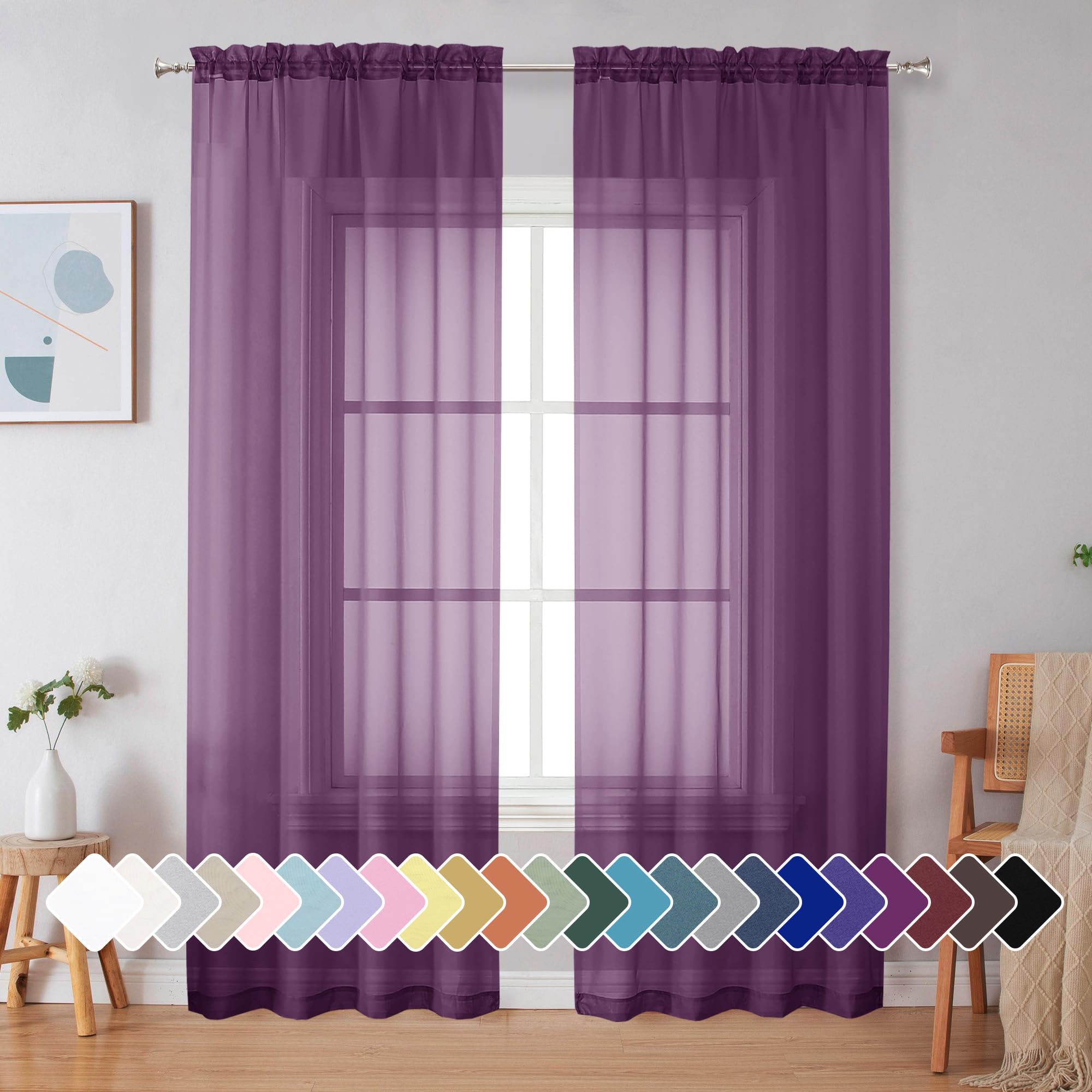 Amazon.com: Simplebrand Plum Purple Sheer Curtains 84 Inches Long 2 ...