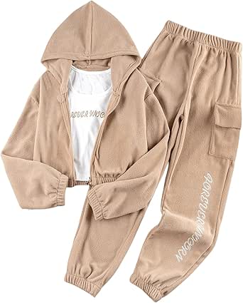 Amazon.com: OYOANGLE Girl's 3 Piece Fuzzy Long Sleeve Zipper Hoodie ...