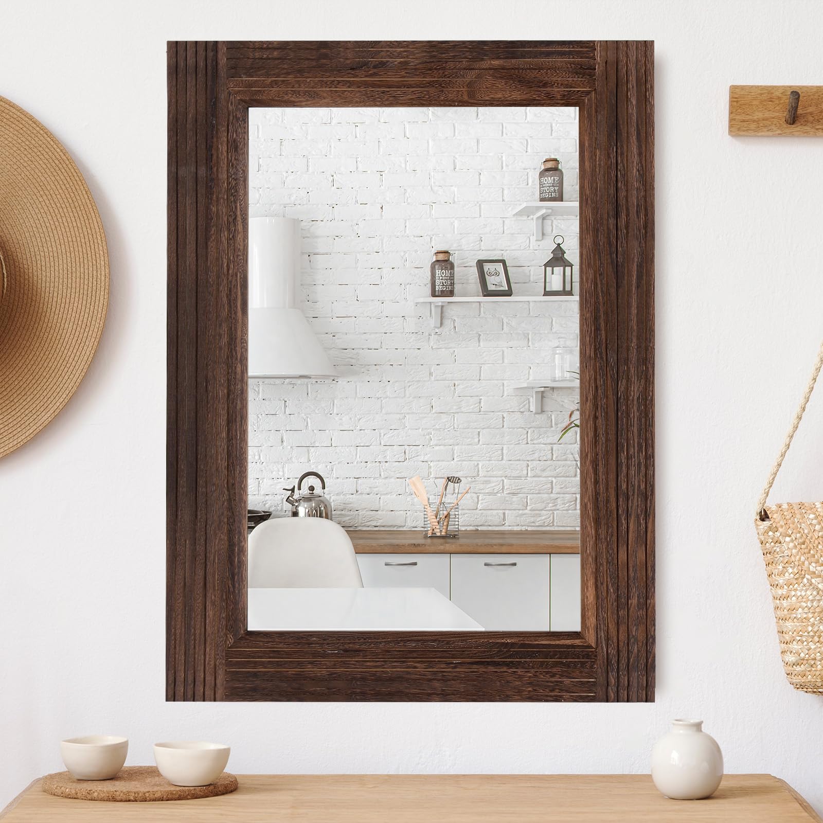 Rustic Wooden Framed Wall Mirror, 18x26 Rectangular Farmhouse Spliced ...