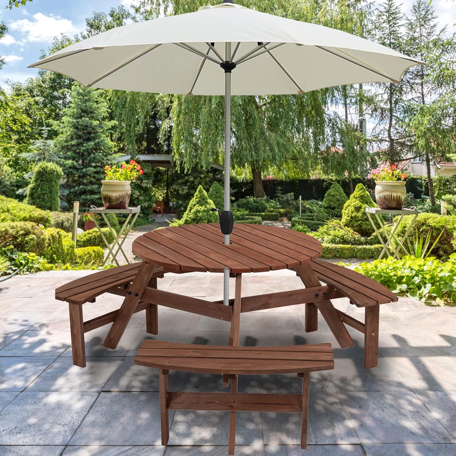 Amazon.com : Goujxcy 6 Person Wood Picnic Table, Outdoor Round Picnic ...