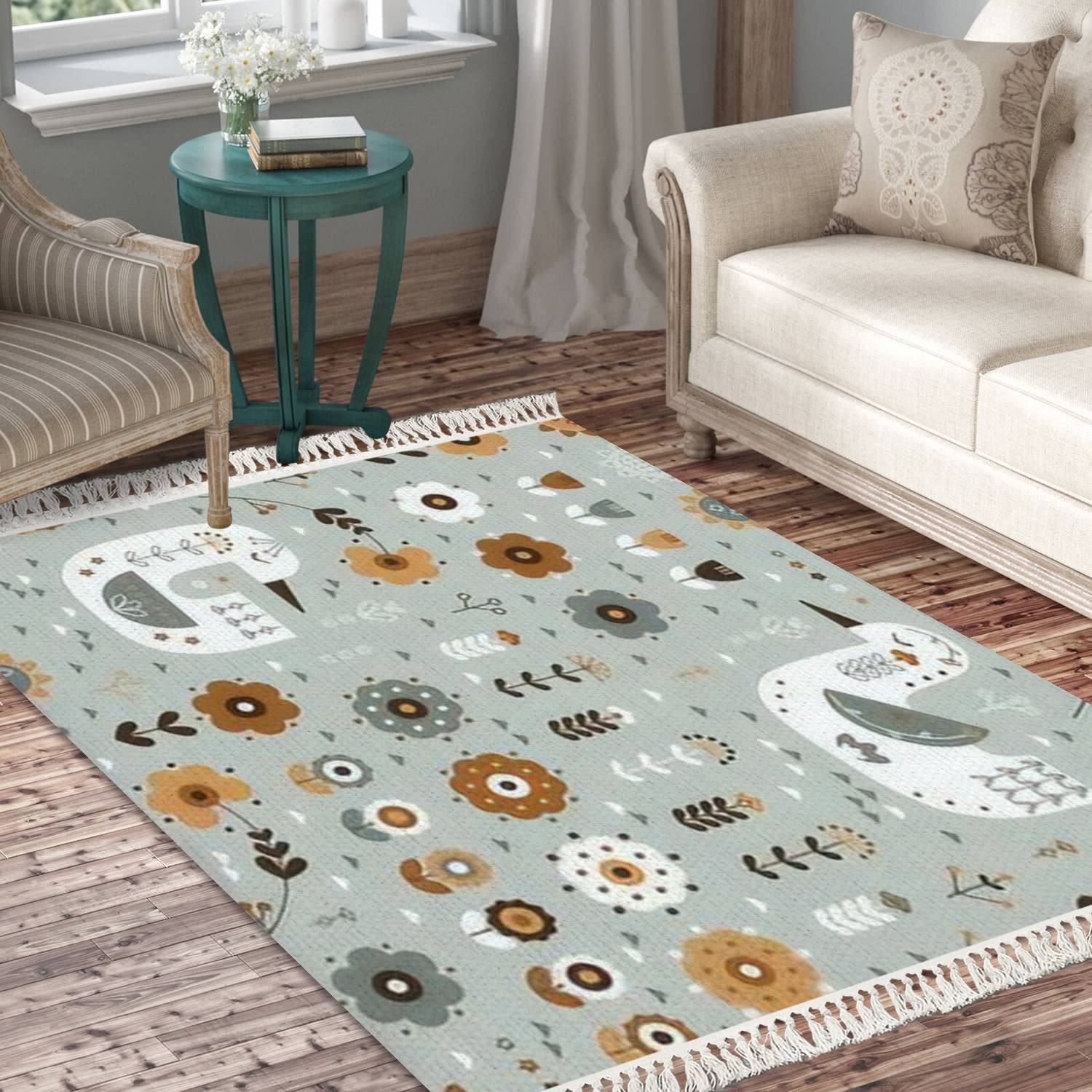 Amazon.com: FUIENCFKE Boho Rug Goose Duck Floral Ornament Earth Tone ...