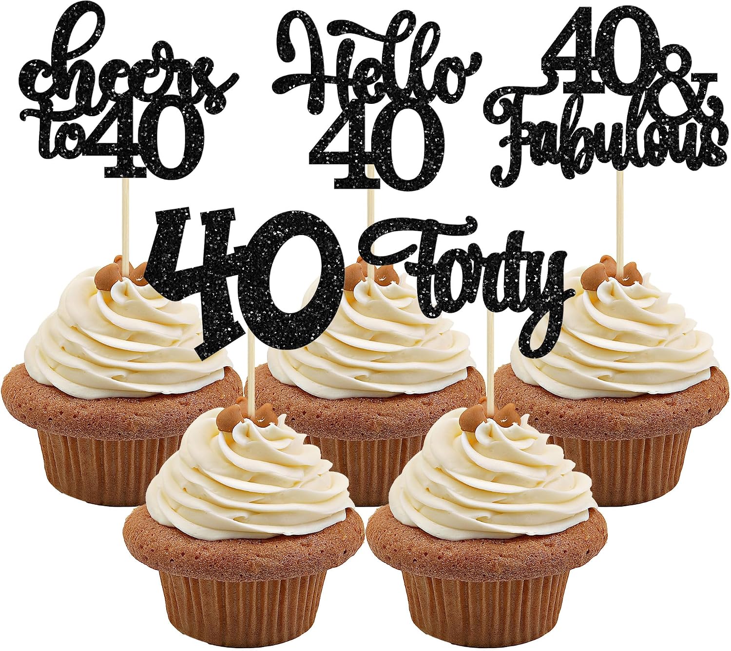 Amazon.com: 30pcs Happy 40th Birthday Cupcake Toppers - Black Glitter ...