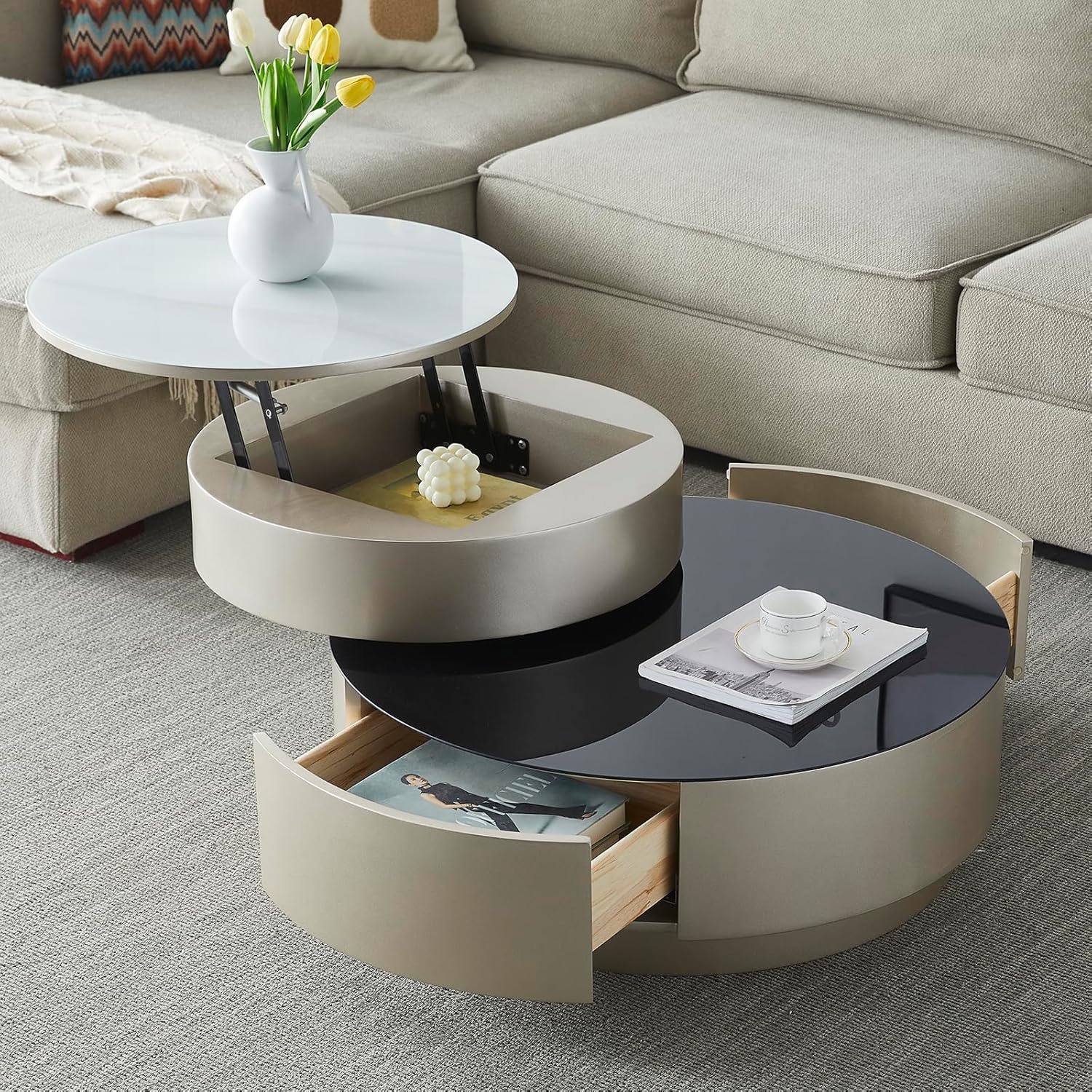 HYQNG Runder Couchtisch HöHenverstellbar Wohnzimmertisch Rund ...