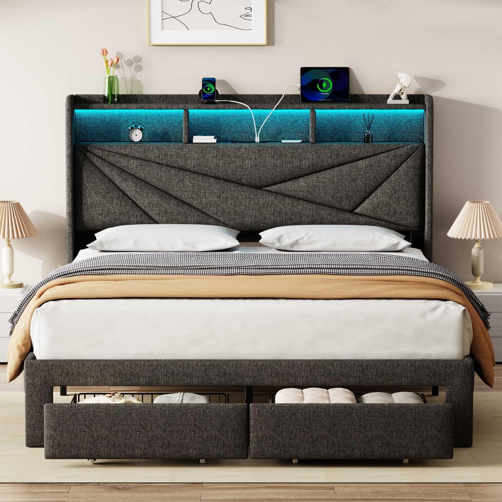 Amazon.com: Driftalia LED King Size Bed Frame with 2 Storage Drawers ...