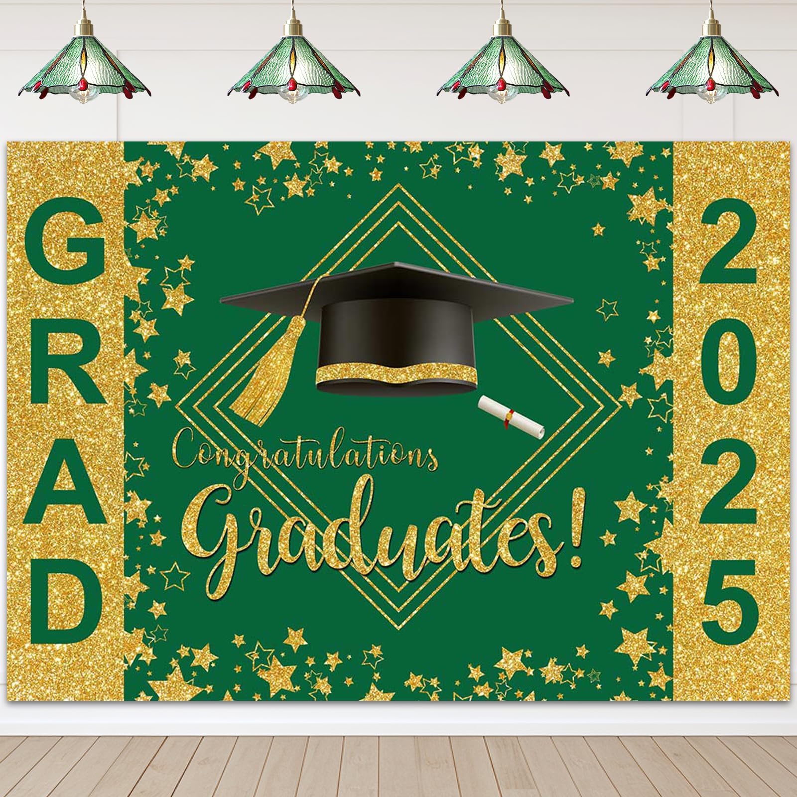 Amazon.com : LYCGS 10x8ft Green & Gold Grad Congrats Photo Backdrop for ...