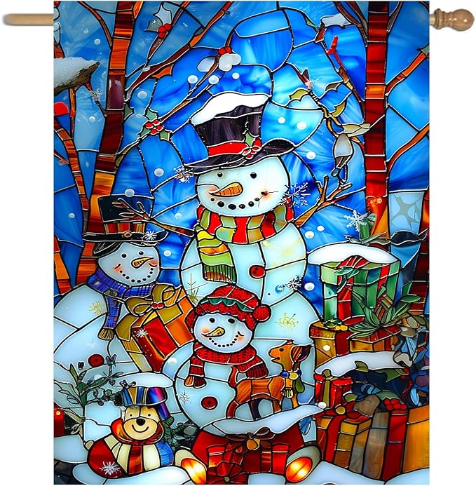 Amazon.com : Stained Glass Snowman House Flags 28 x 40 Double Sided ...