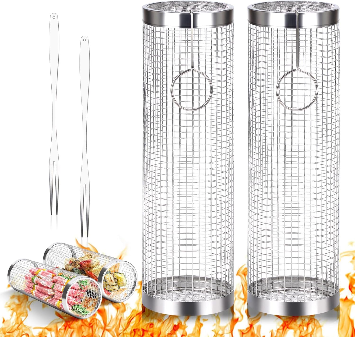 Amazon.com: 2PCS Bbq Mesh Net Cylinder Grill Rack Rotisserie Basket ...