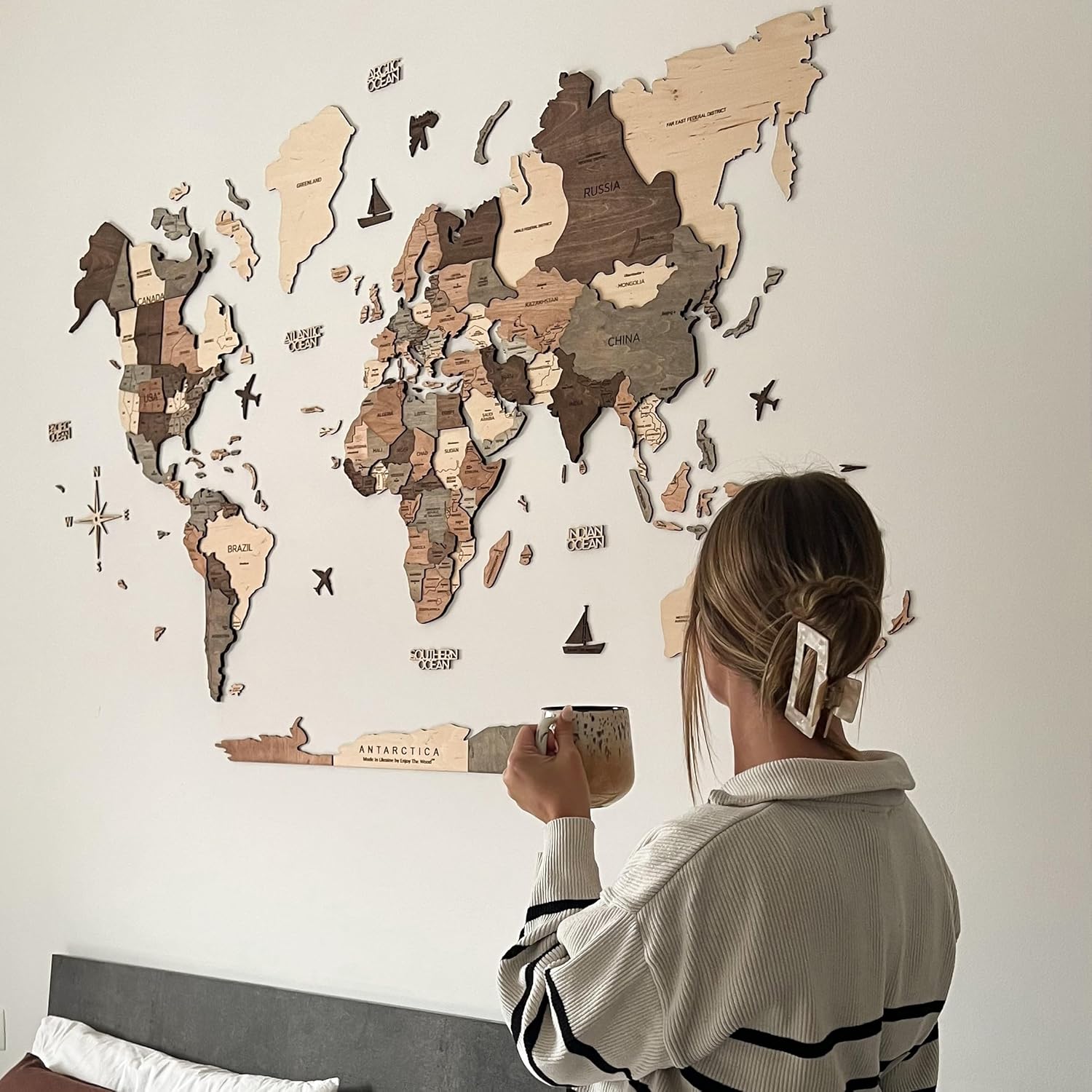 Amazon.com: ENJOY THE WOOD 3D Wood World Map Wall Art Large Wall Décor ...