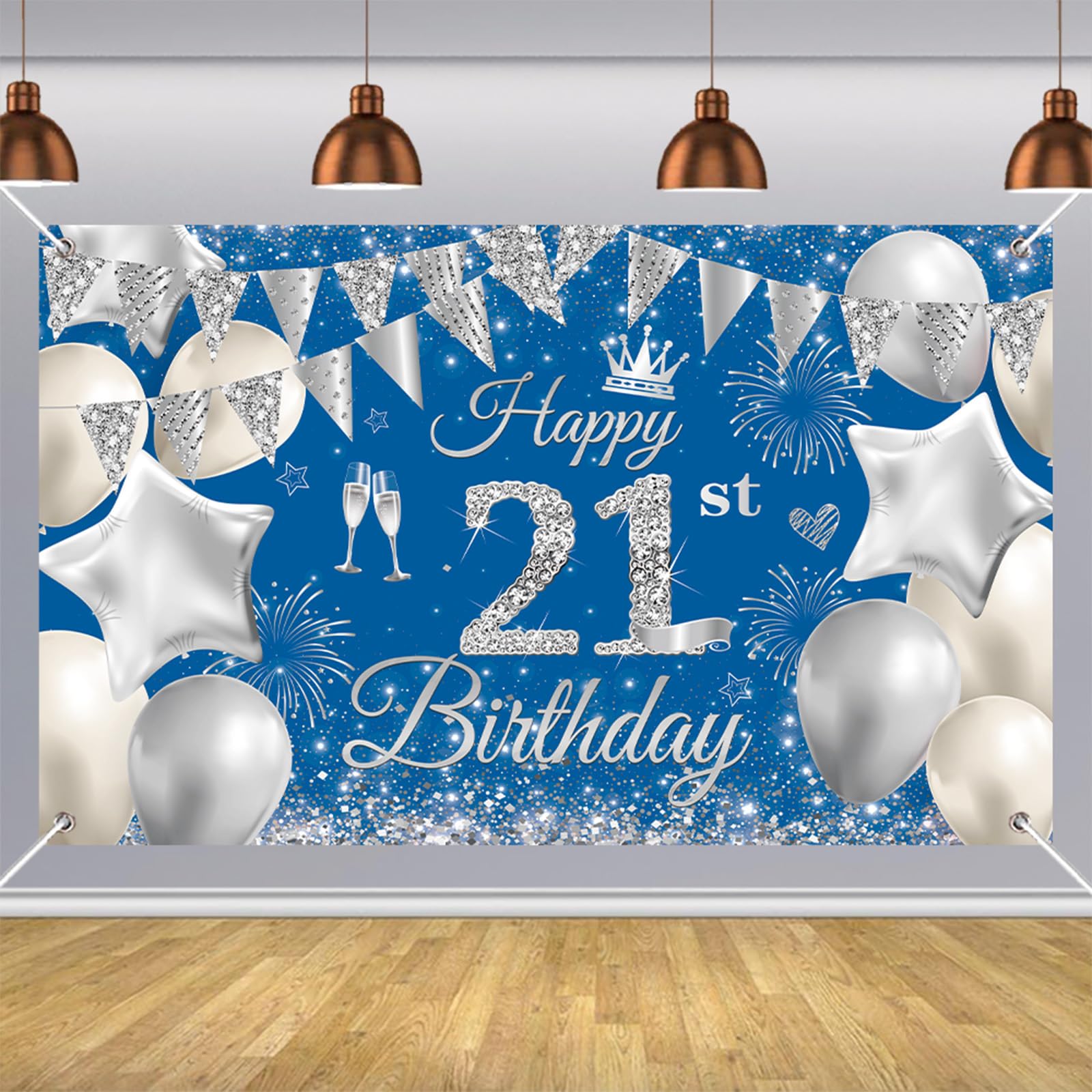 180*110cm Happy 21st Birthday Banner Boy Gril,Navy Blue Sliver 21st ...