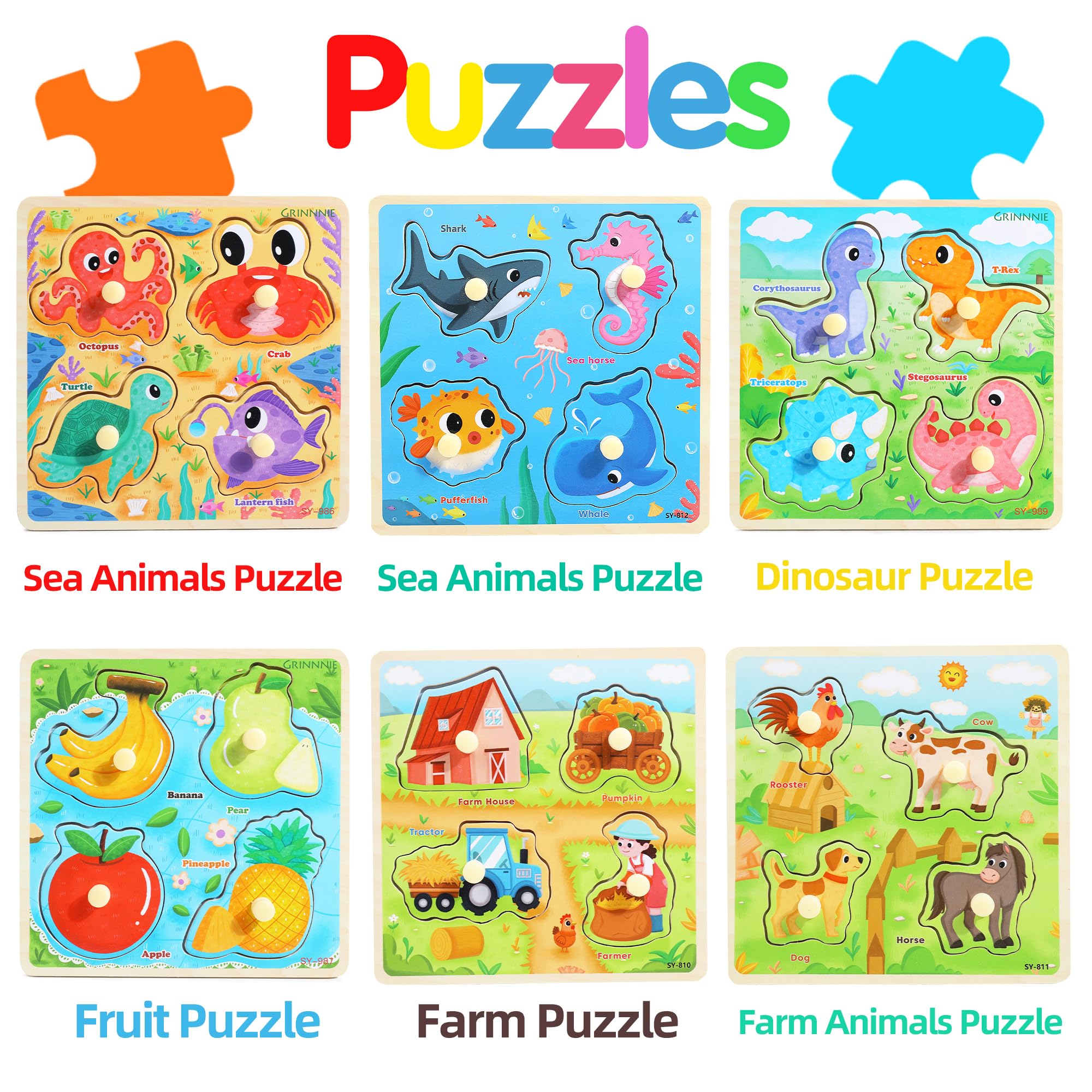 Snapklik.com : 6PCS Wooden Toddler Puzzles, Montessori Toys Peg Puzzles ...