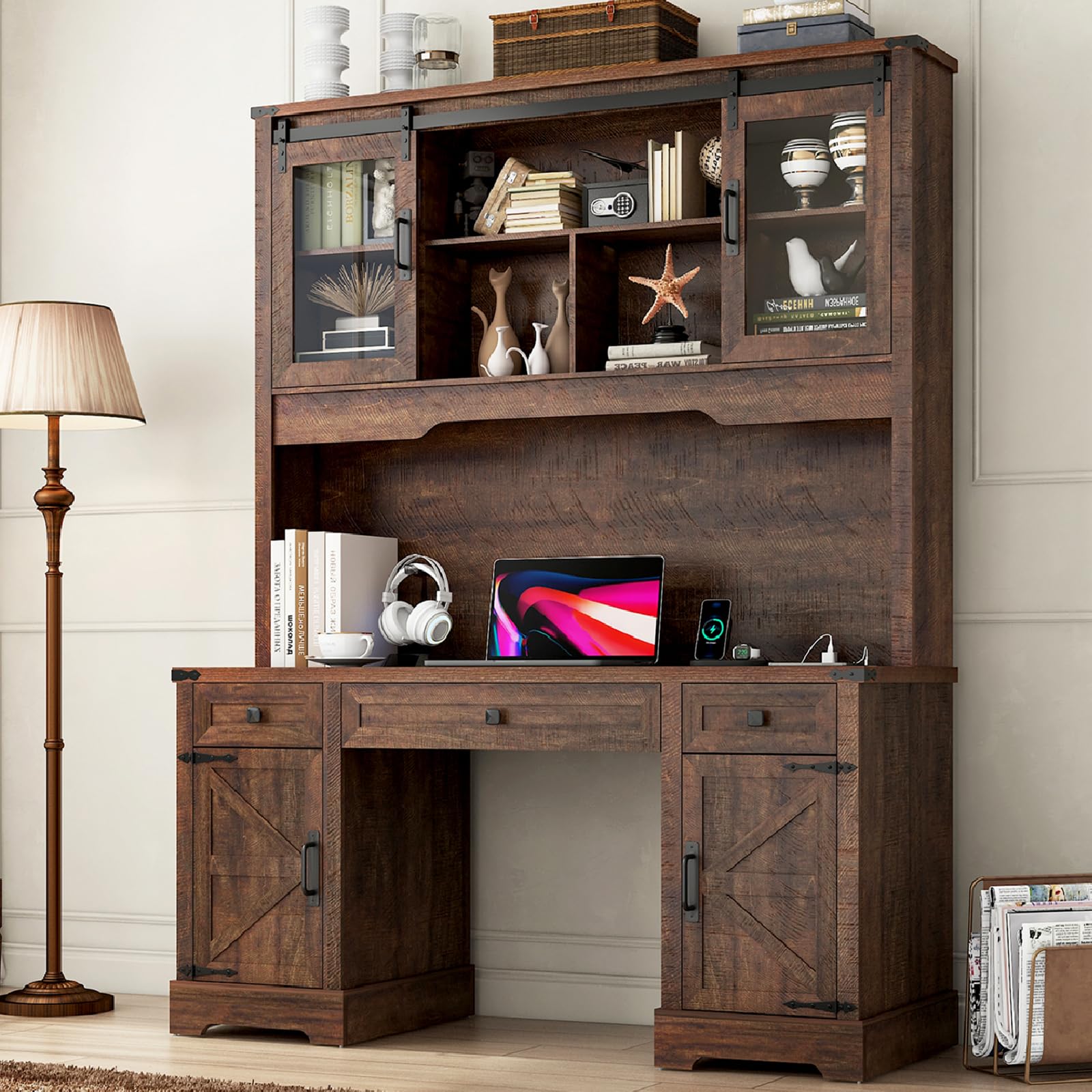 Amazon.com: Hlivelood 76" Height Farmhouse Desk with Sliding Door Hutch ...