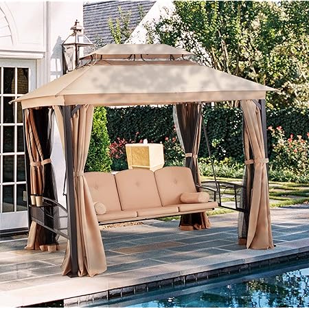Amazon.com: HOMREST 3-Seat Outdoor Porch Swing Bed with Double Tier ...