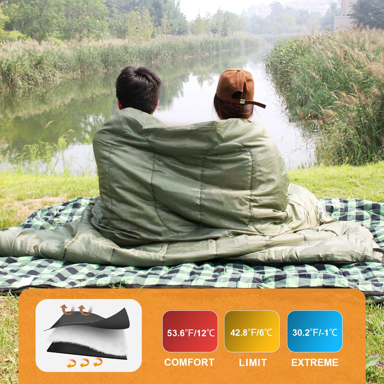 POEPORE Double Sleeping Bag Flannel for Adults with 2 Pillows 2 Person ...