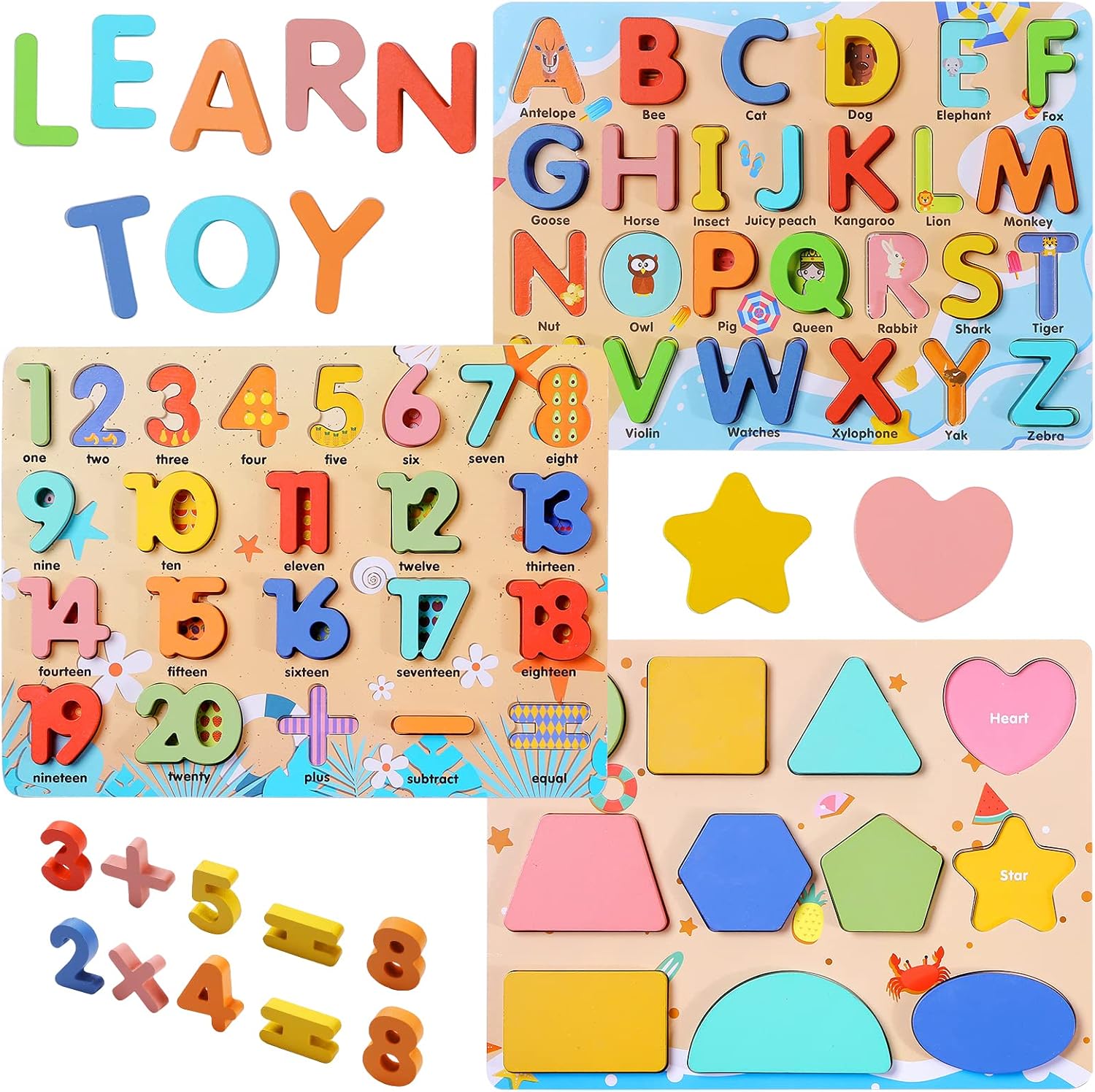 Amazon.com: Wooden Puzzles for Toddlers, Voamuw Alphabet Number Shape ...