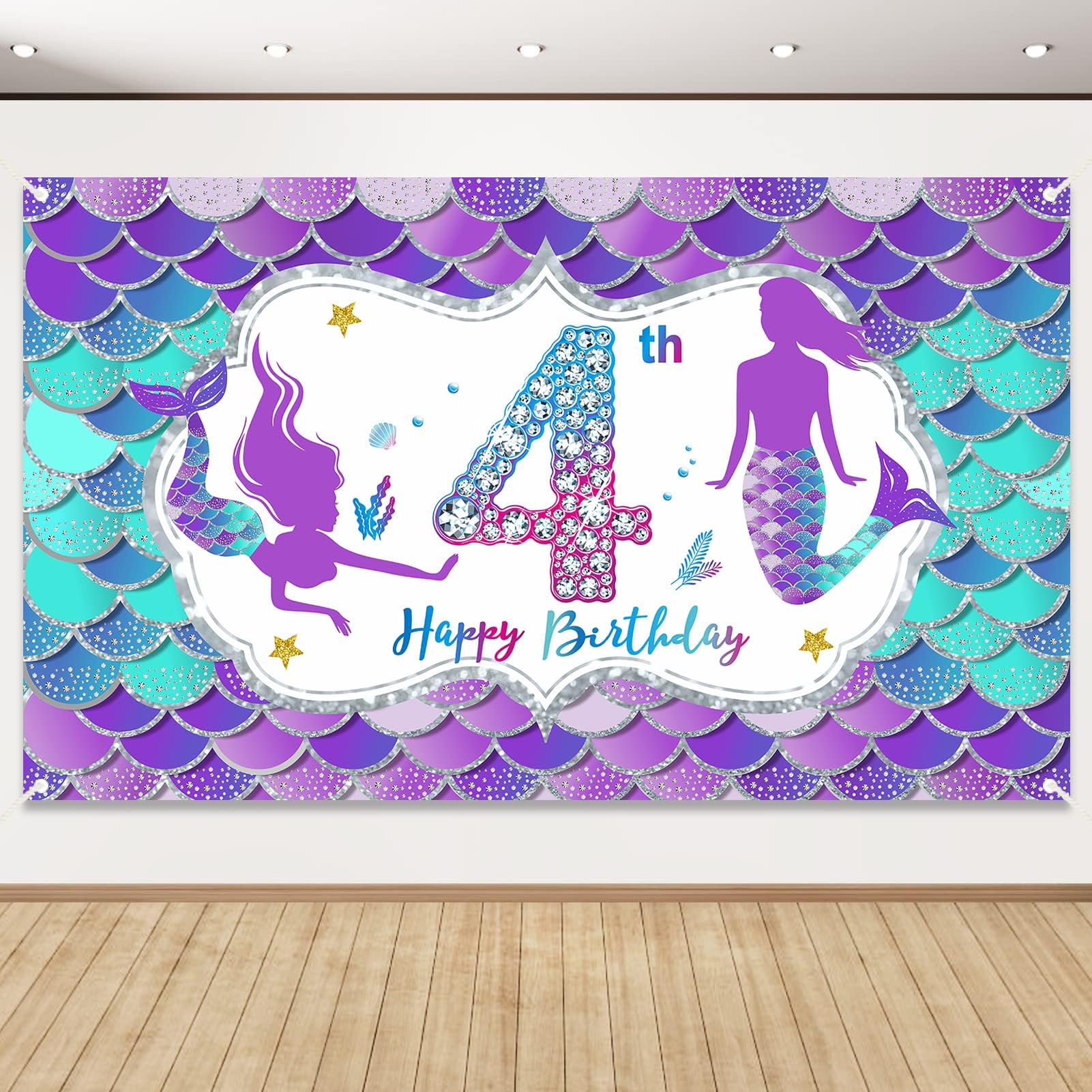 Amazon.com: Mermaid 4th Birthday Banner Decorations for Girls, Little ...