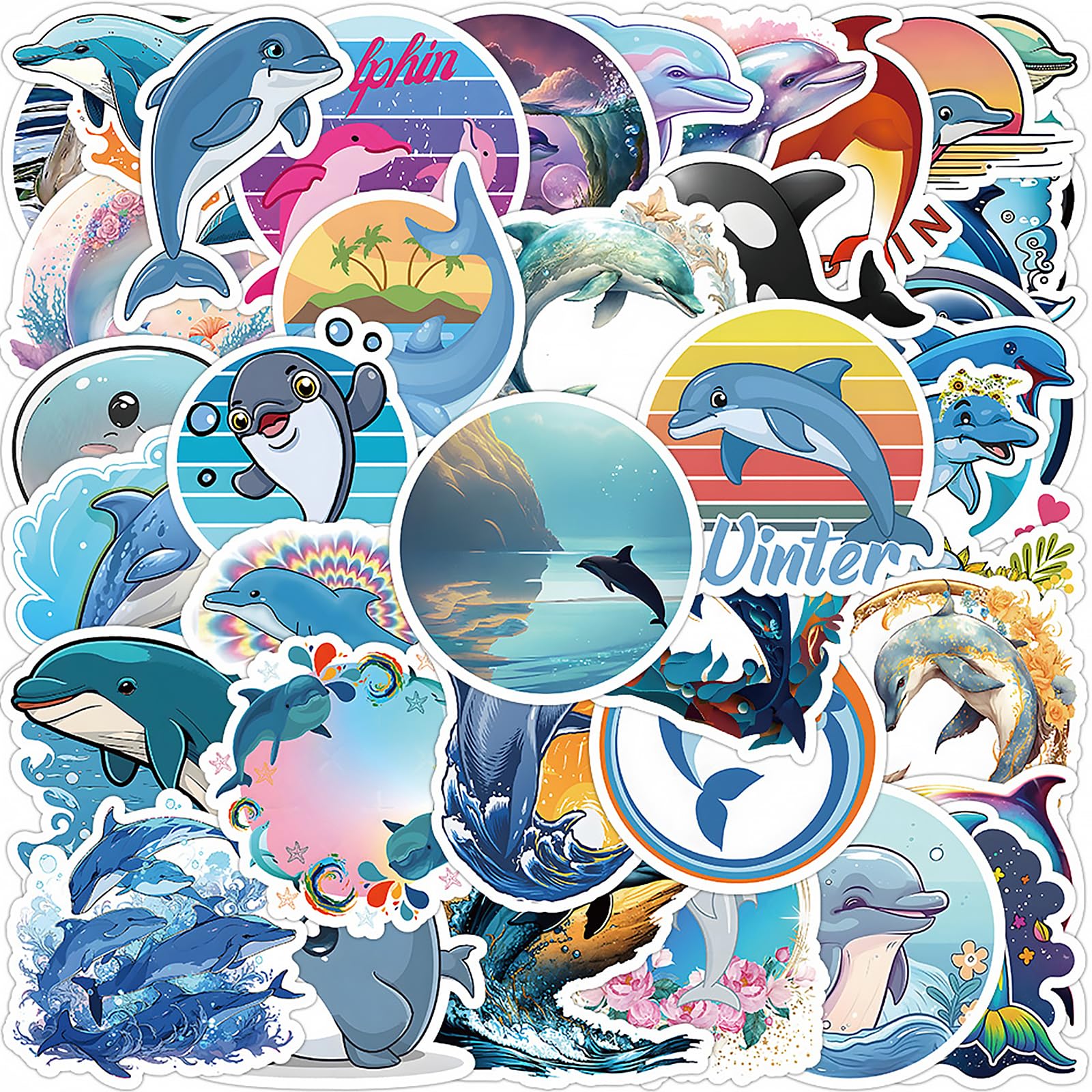 50pcs Dolphin Stickers for Kids, Waterproof Cute Dolphin Sticker Decals ...
