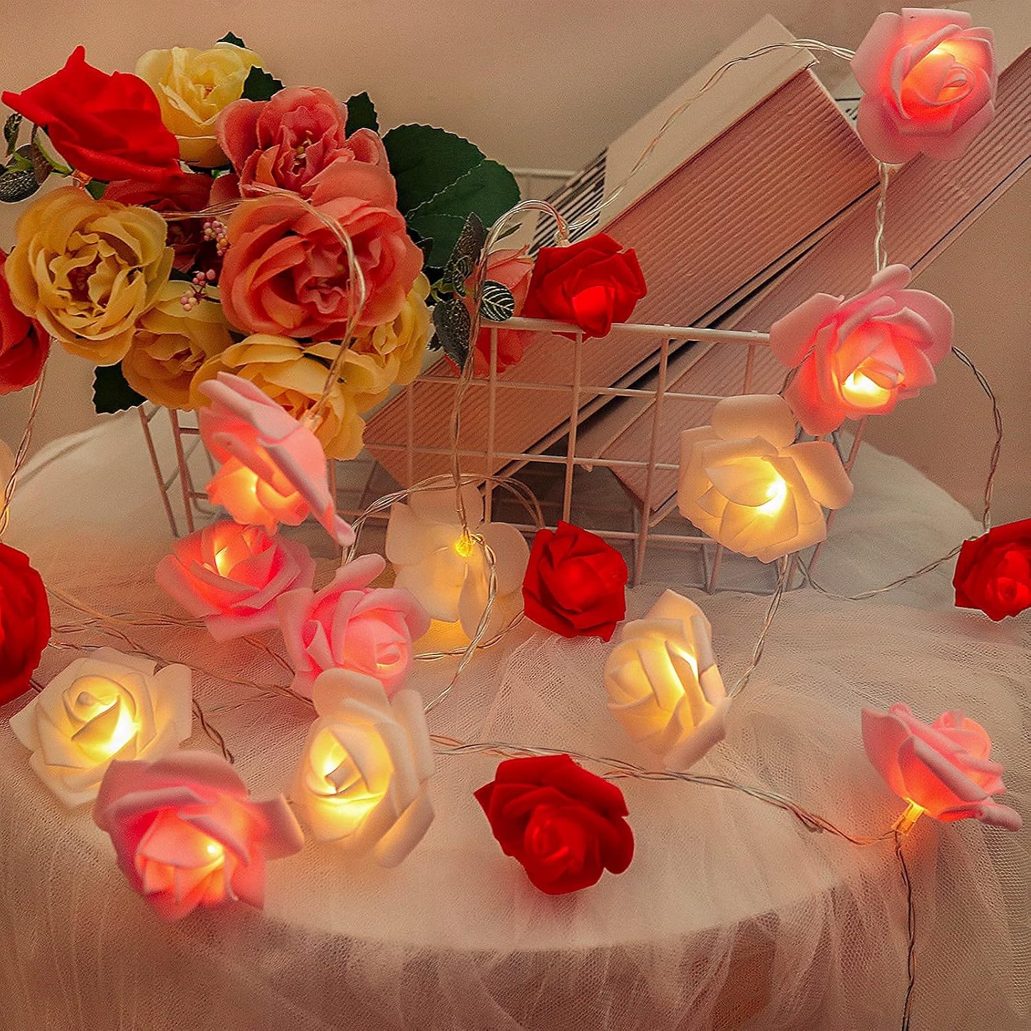 RECUTMS Rose String Lights,9.8 Ft 20 LED Artificial Flower Garland ...