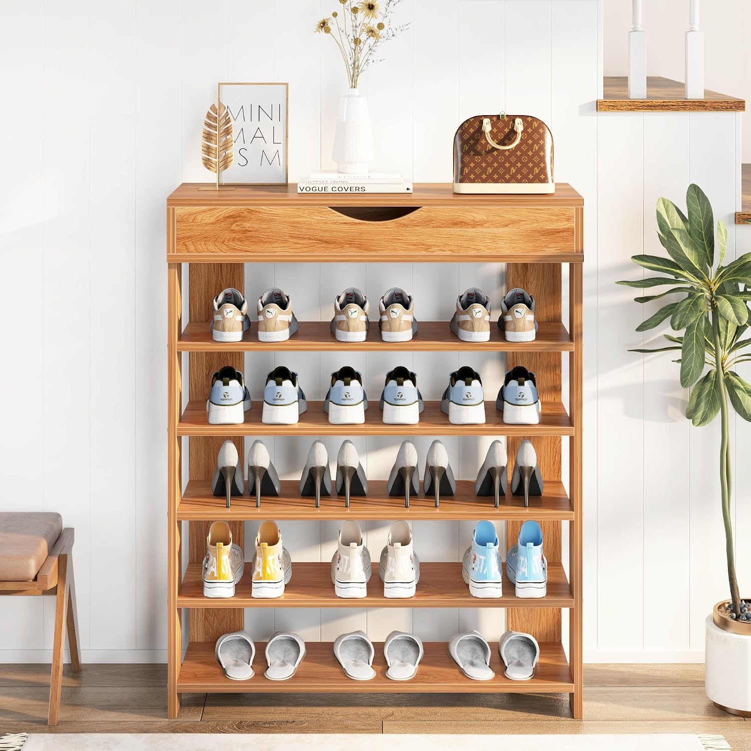 Amazon.com: Wellynap 5-Tier Wooden Shoe Rack with Storage Cabinet, 29.5 ...